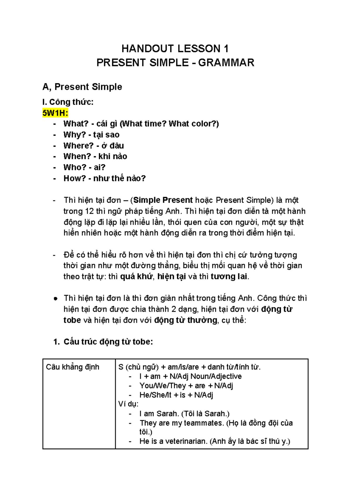 Buổi 1 - 11111 - HANDOUT LESSON 1 PRESENT SIMPLE - GRAMMAR A, Present ...
