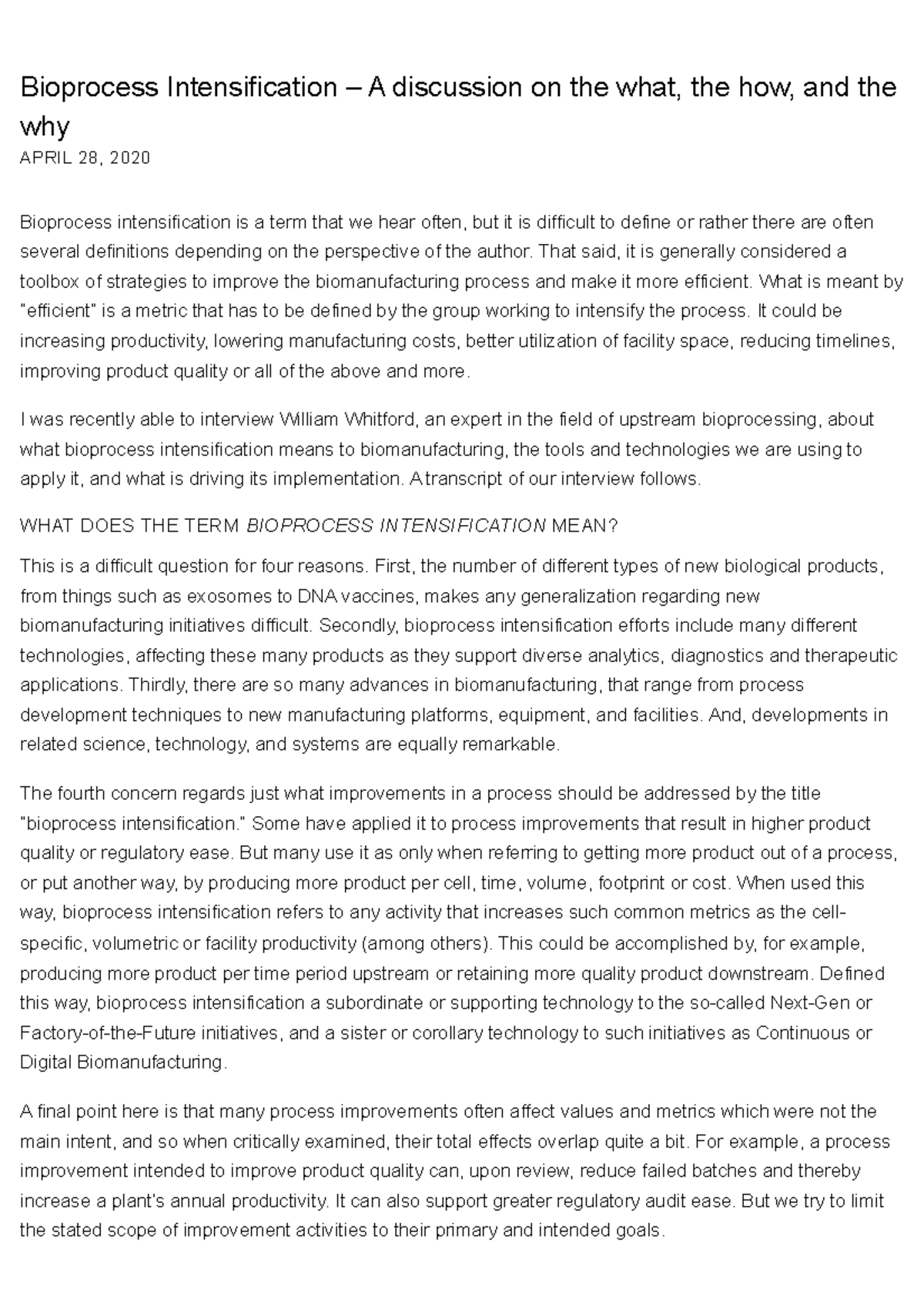 Bioprocess Intensification – A discussion on the what, the how, and the ...