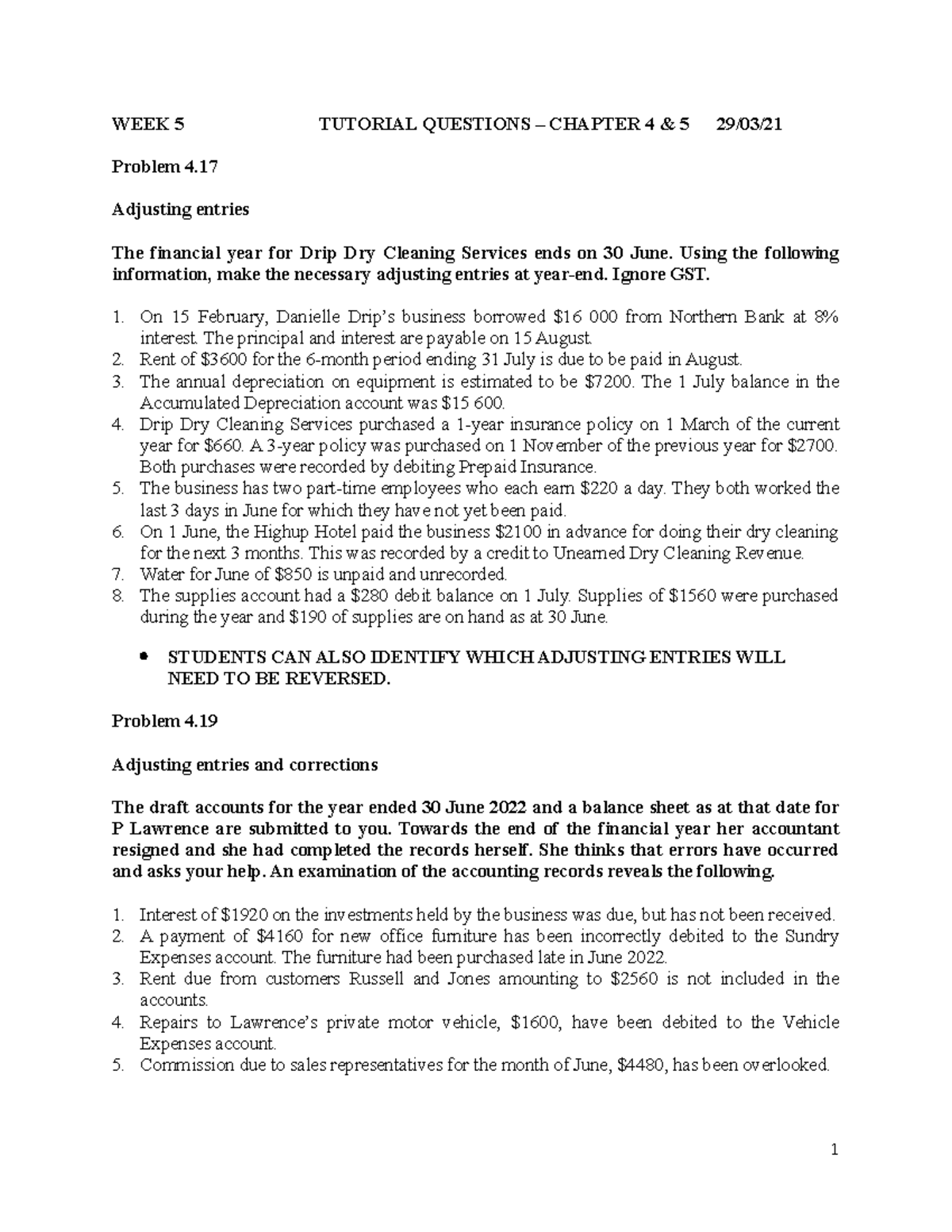 Week 5 Tutorial Questions - WEEK 5 TUTORIAL QUESTIONS – CHAPTER 4 & 5 ...