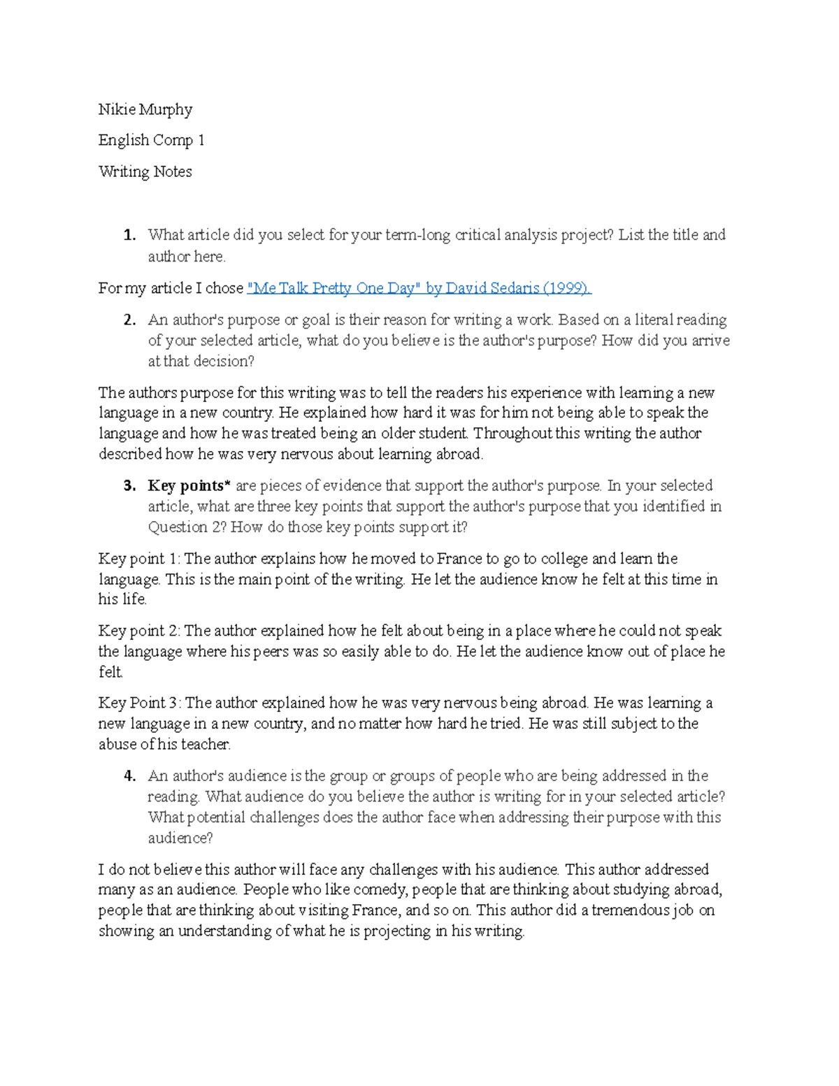 English comp 1- writing notes - Nikie Murphy English Comp 1 Writing ...