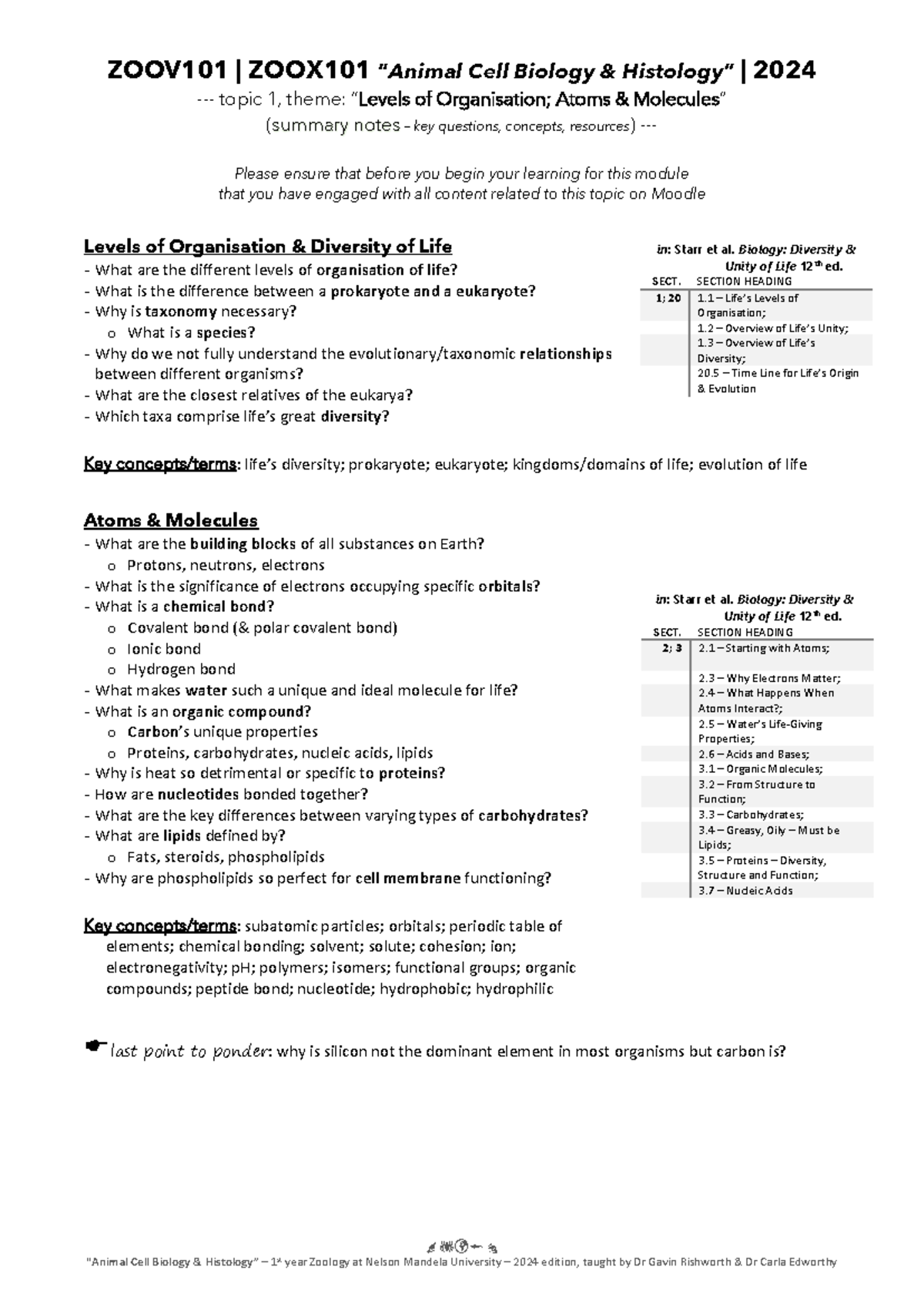 Lecture summary topic 1, Levels of Organisation Molecules (Gavin ...