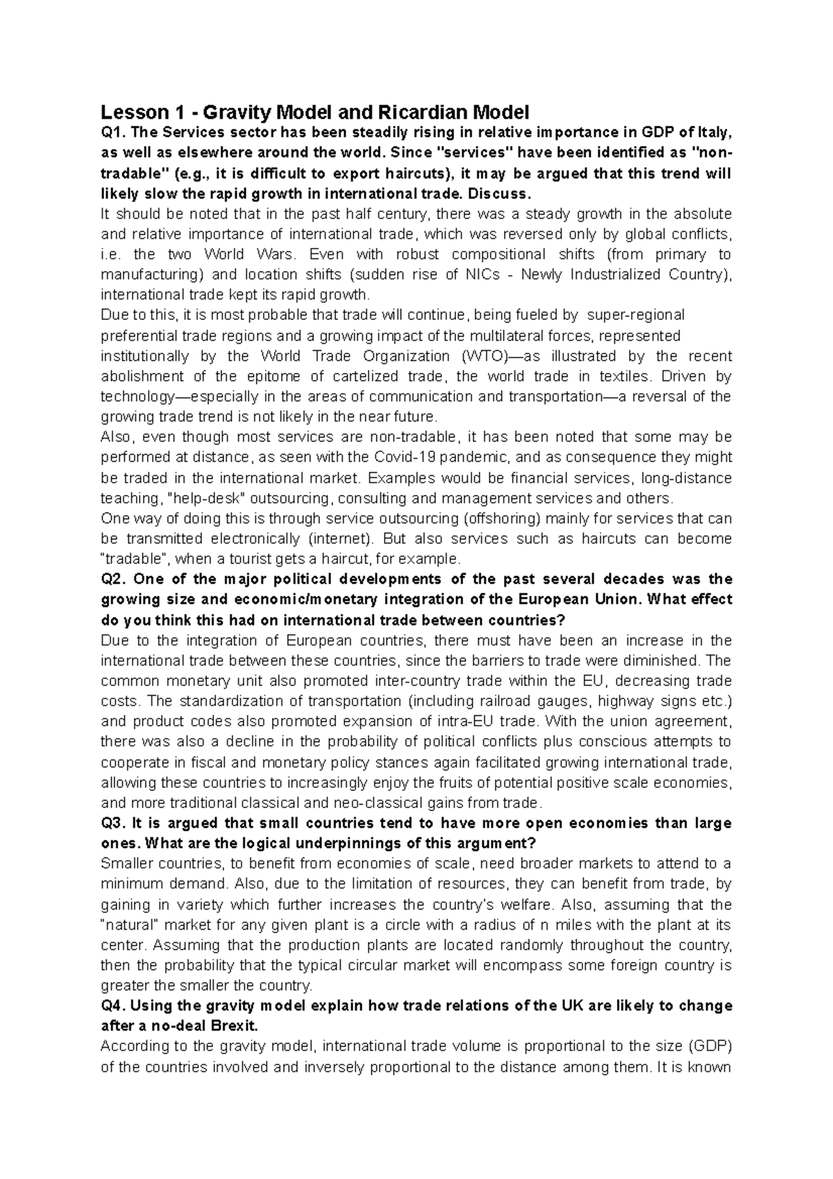 INT ECON Excercises - Lesson 1 - Gravity Model and Ricardian Model Q1 ...