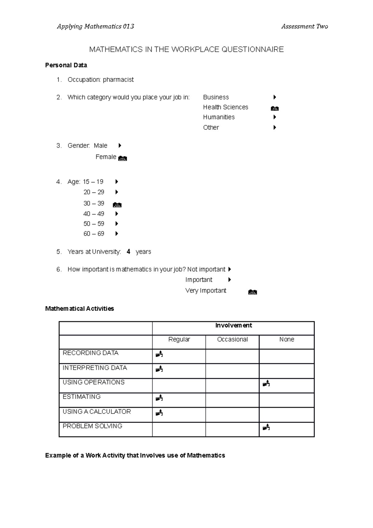 Questionnaire - Grade: D - MATHEMATICS IN THE WORKPLACE QUESTIONNAIRE ...