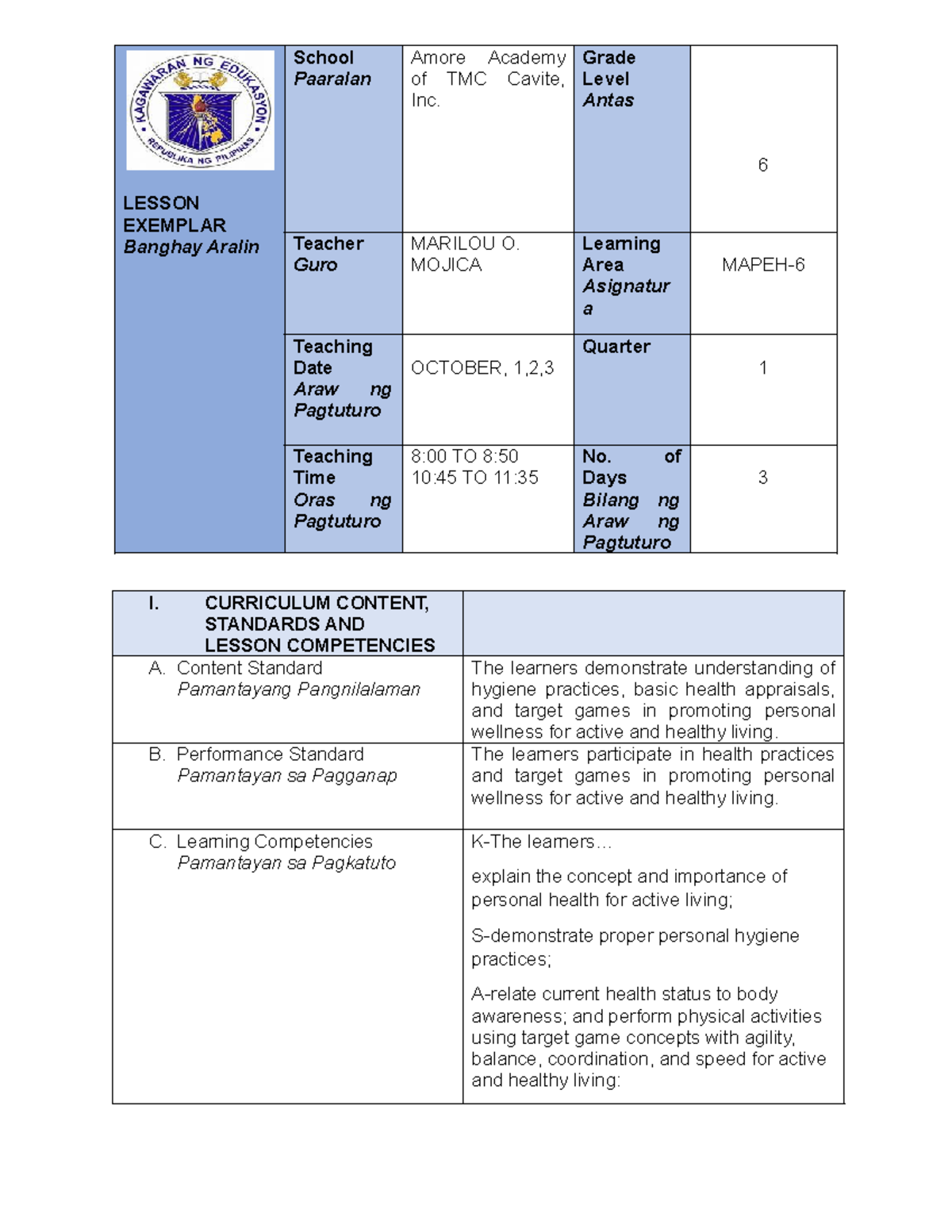 Exemplar Grade -6 - Issues AND Concerns ON Personal Health - I ...