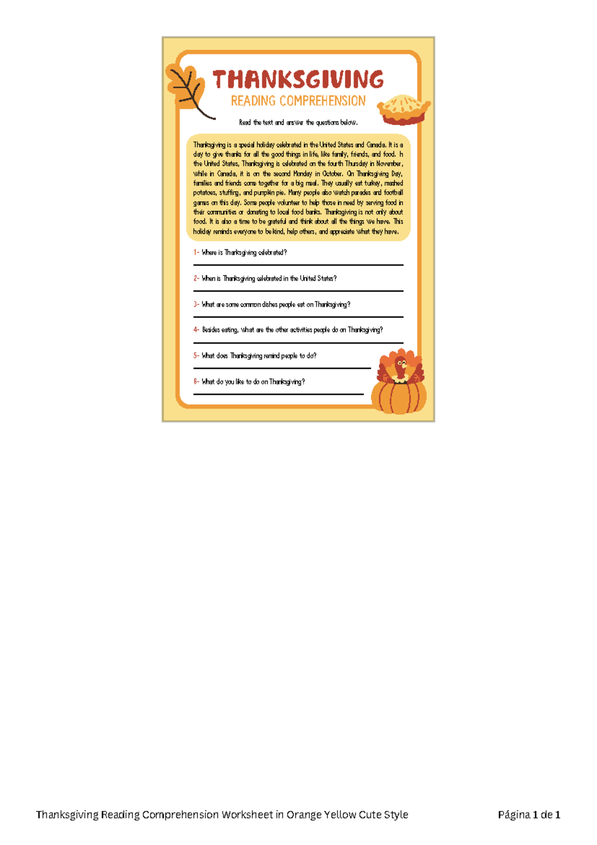 Thanksgiving Reading Comprehension Worksheet in Orange Yellow Cute ...