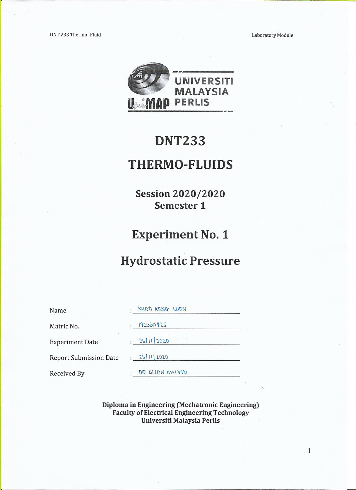 Hydrostatic Pressure - Lab Report - Mechatronics Engineering - Studocu
