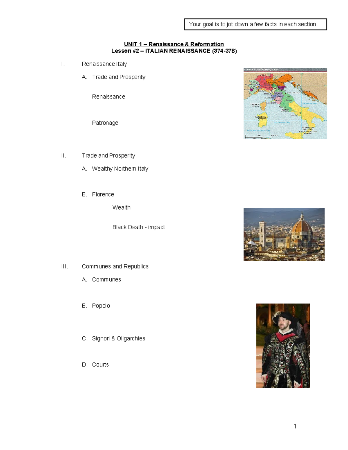 02 - Italian Renaissance - handout - UNIT 1 – Renaissance & Reformation ...