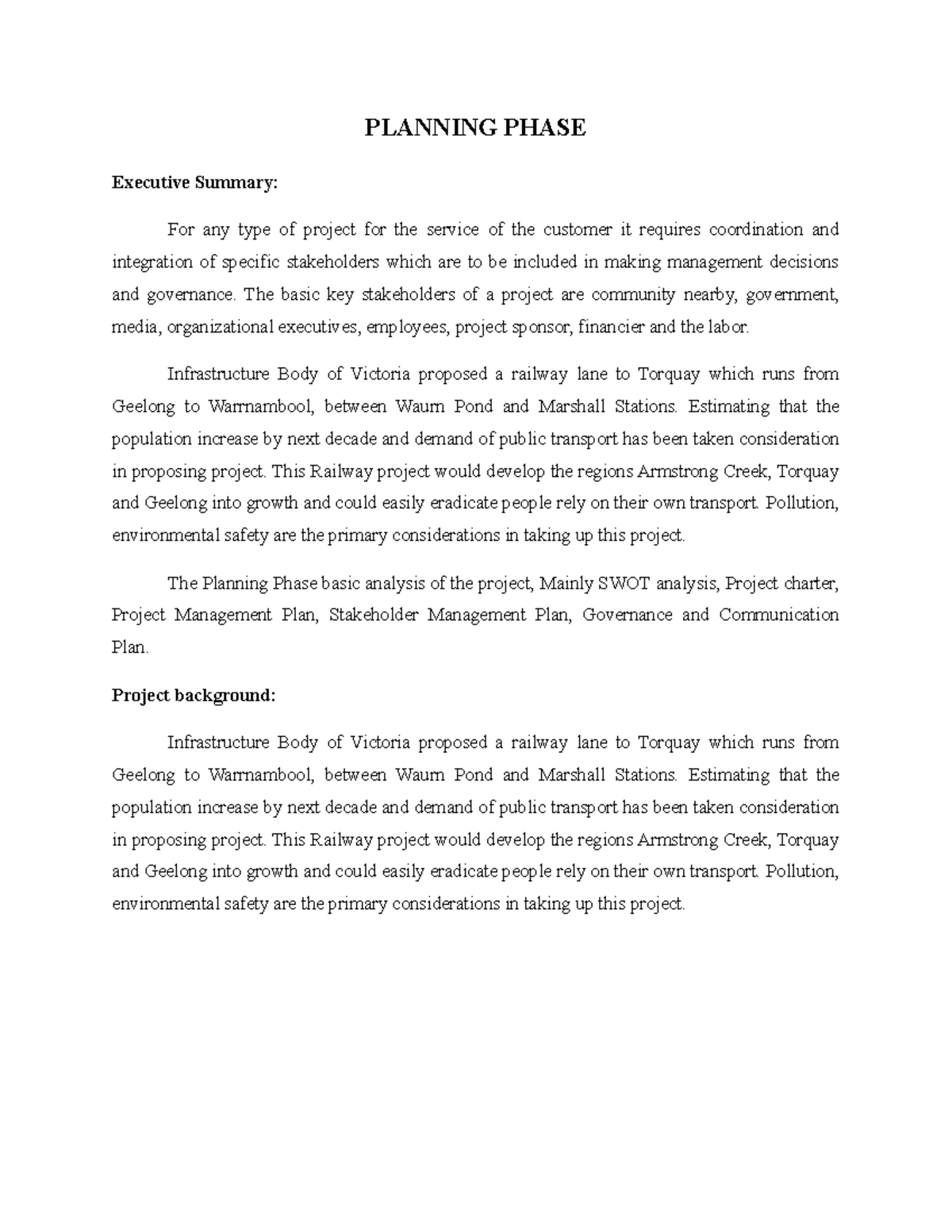 Project Charter - PLANNING PHASE Executive Summary: For any type of ...