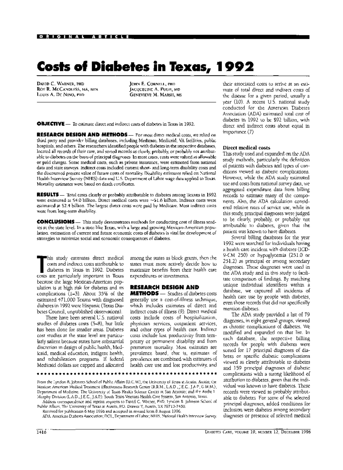 Costs of diabetes in Texas 1992 - G I N A L A R T I C L E Costs of ...