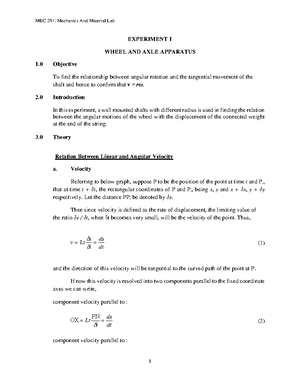 EXP1 - Wheel & Axle Experiment - MEC 291: Mechanics And Material Lab 1 EXPERIMENT 1 WHEEL AND ...