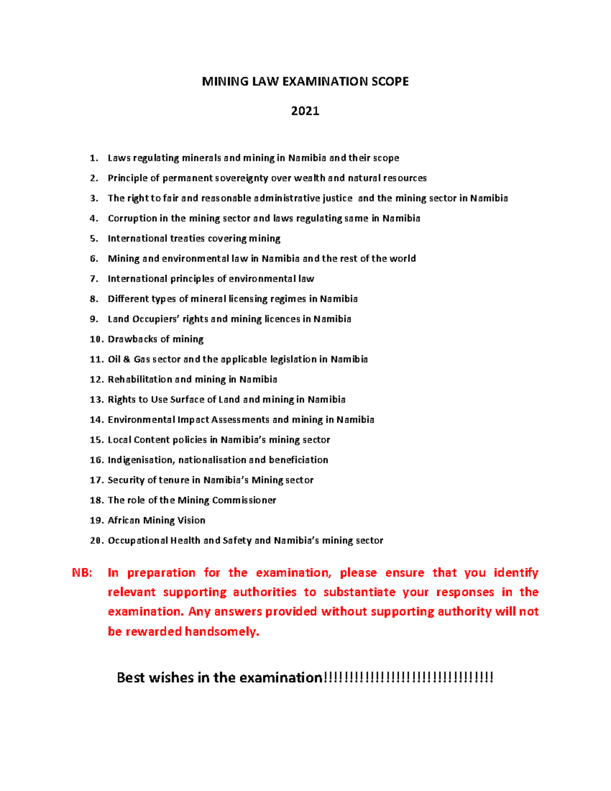 Mining Law Examination Scope 2021 Mining Law Examination Scope 2021
