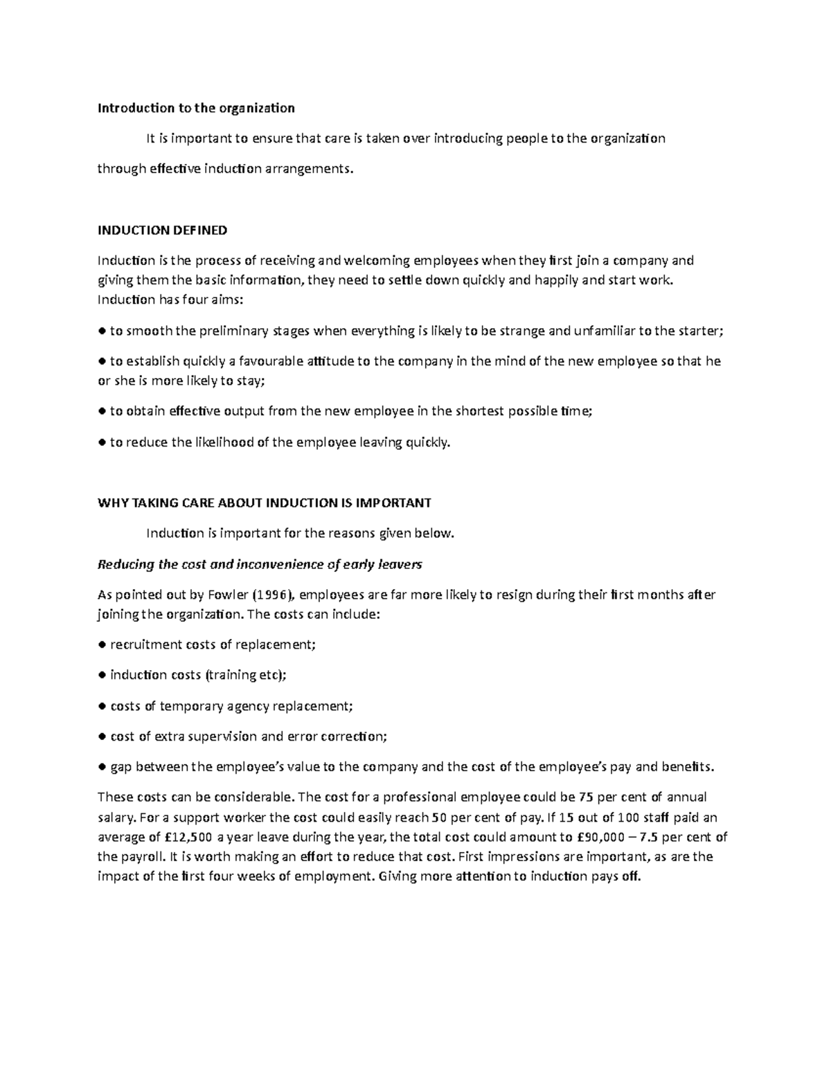 Introduction to the organization - INDUCTION DEFINED Induction is the ...