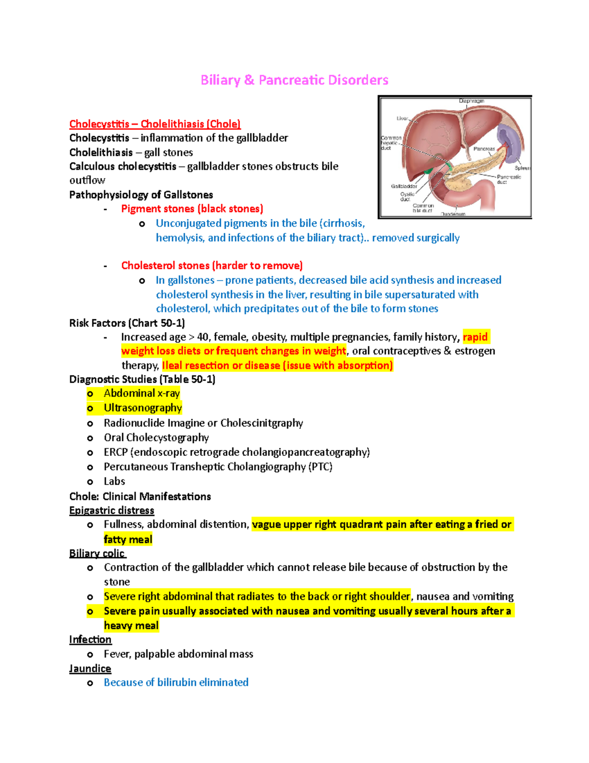 Med-Surg Exam 3 - med surg exam 3 notes. - Biliary & Pancreatic ...