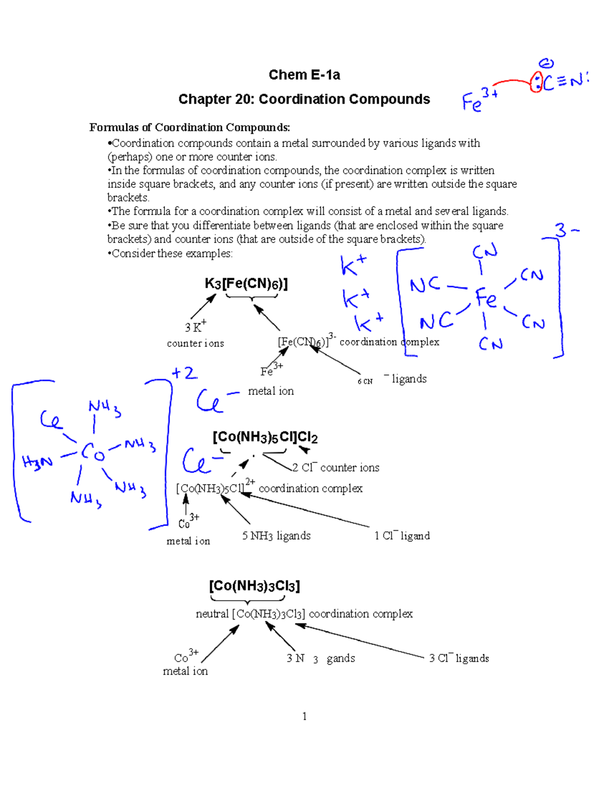 Chapter 20 Review Notes - Chem E-1a Chapter 20: Coordination Compounds ...