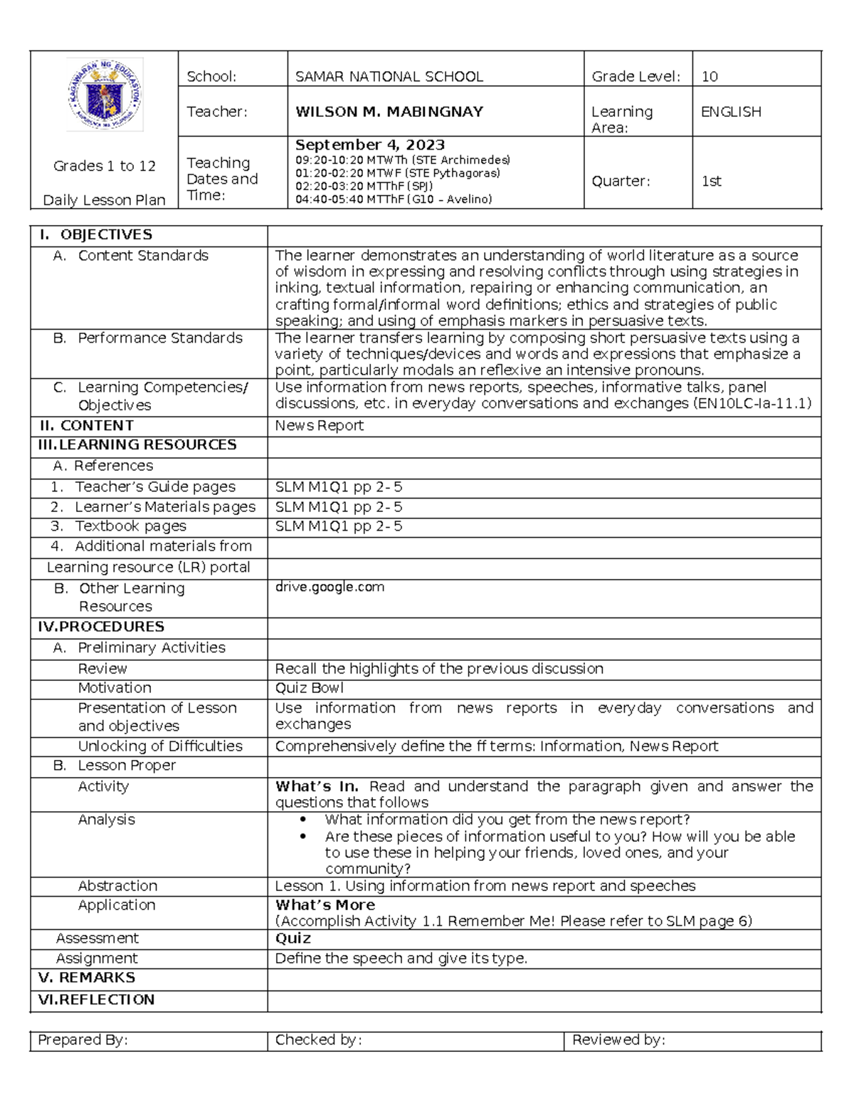 LP I M1 L1 - Grades 1 to 12 Daily Lesson Plan School: SAMAR NATIONAL ...