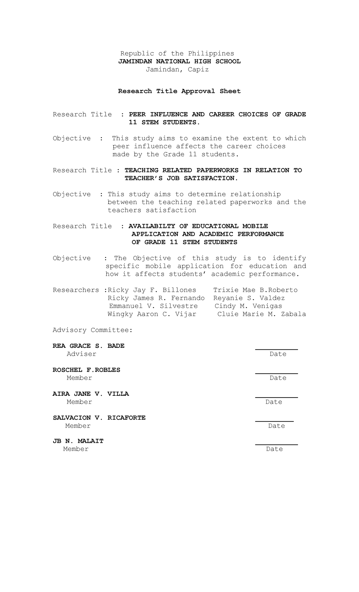 Approval sheets - Republic of the Philippines JAMINDAN NATIONAL HIGH ...