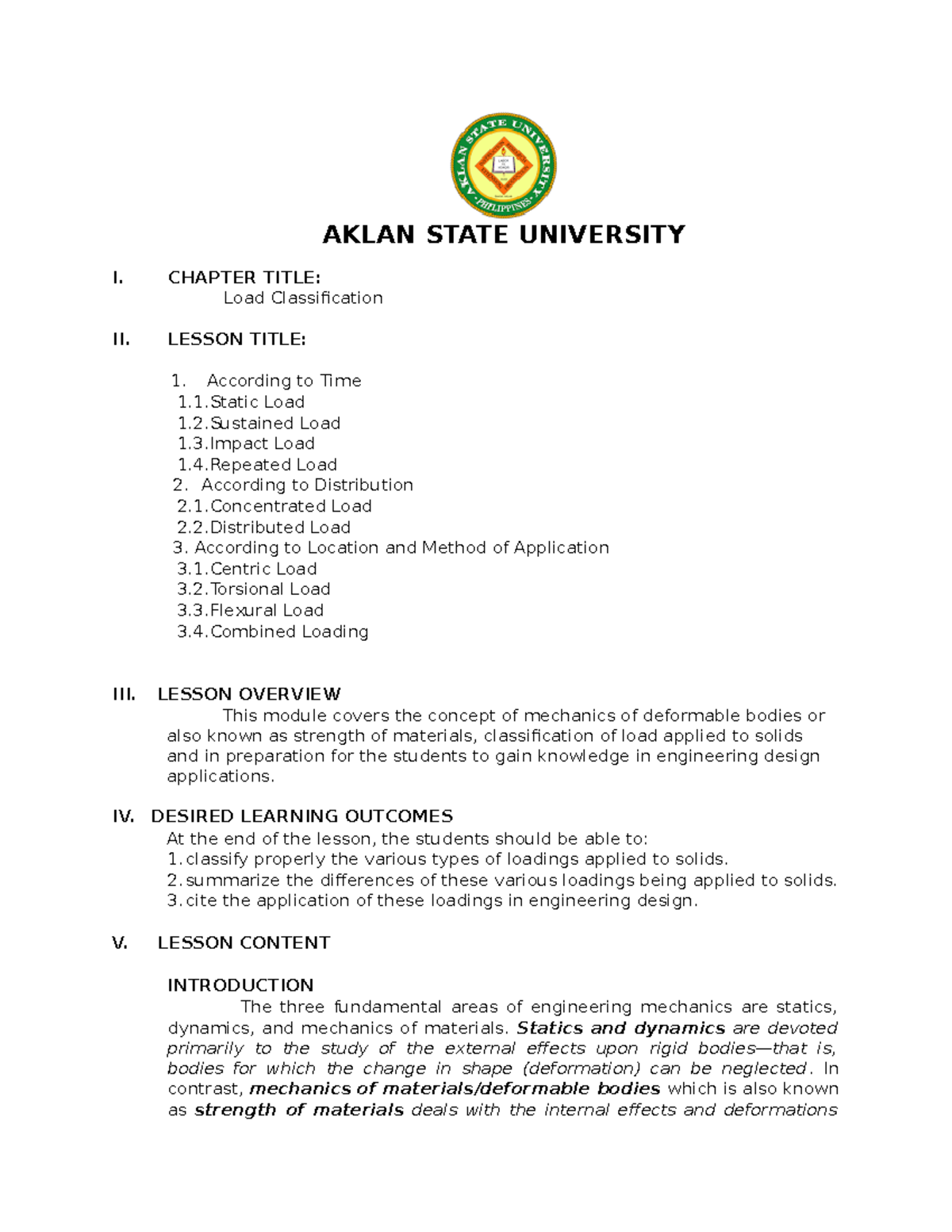 M2 Load Classification - AKLAN STATE UNIVERSITY I. CHAPTER TITLE: Load ...