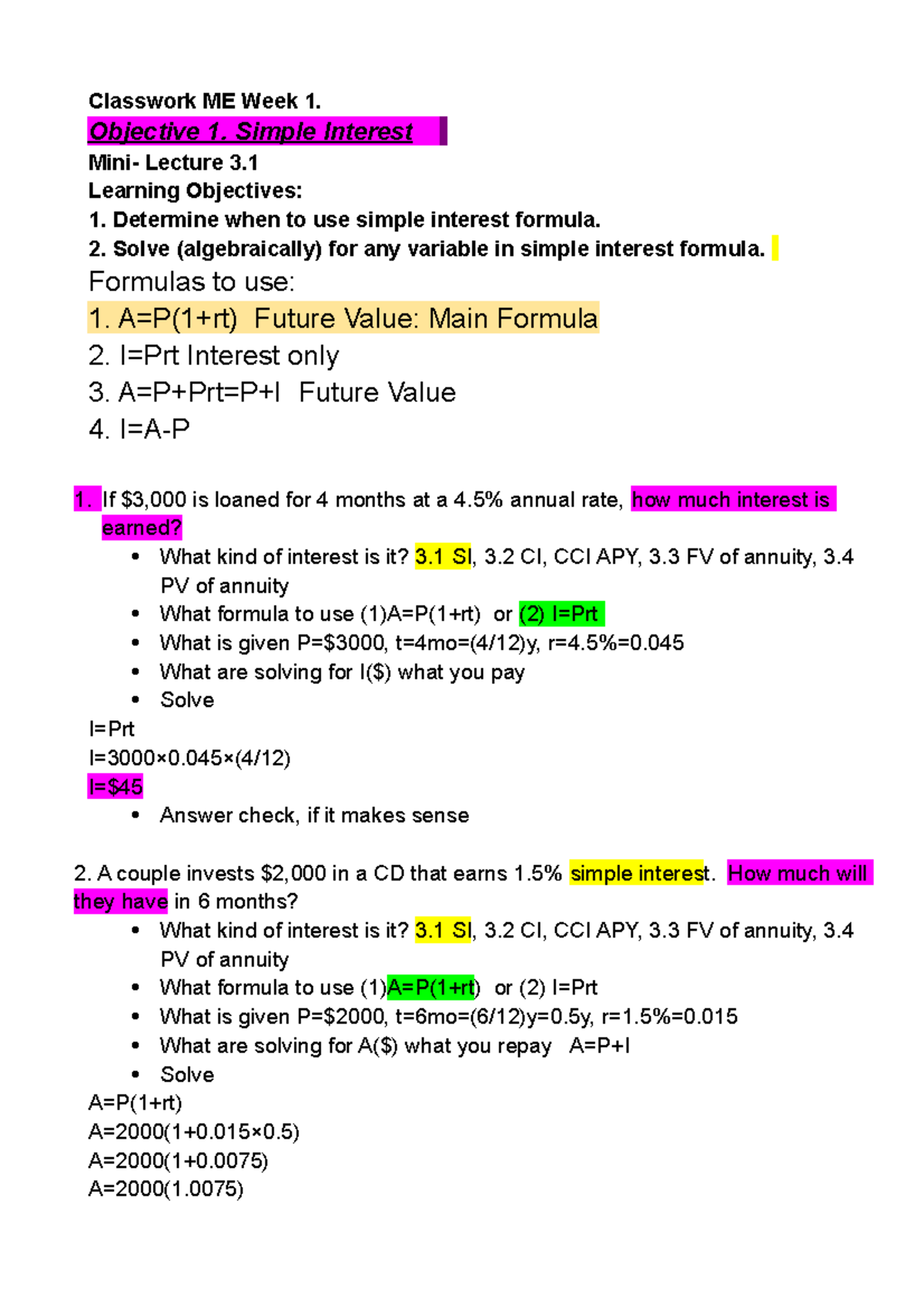 completed Simple interest for Business mathematics - Classwork ME Week ...