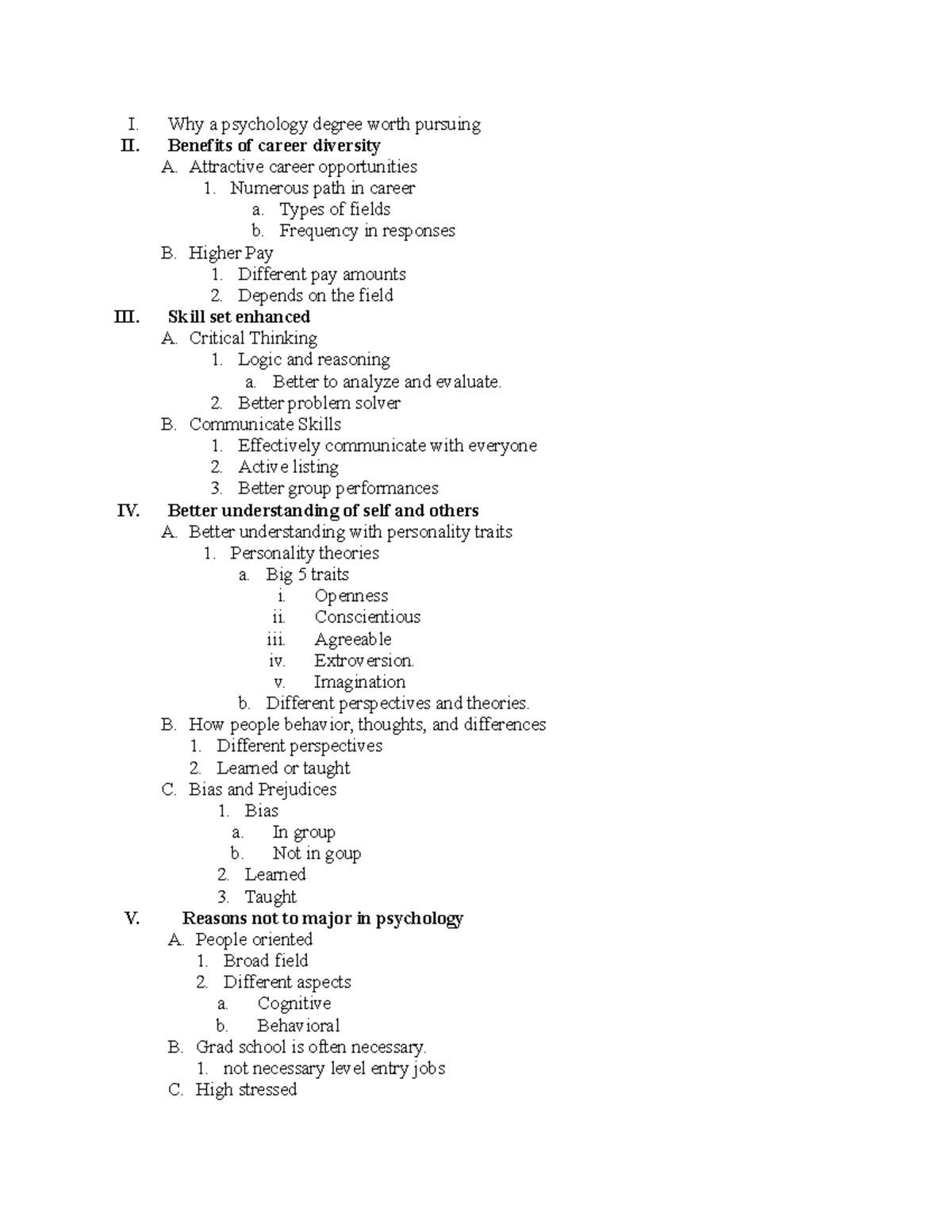 OUT LINE English 2 - my outline for paper - I. Why a psychology degree ...