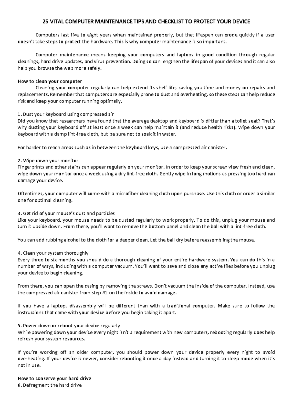CSS Grade 10 Information Sheet 25 Vital Computer Maintenance TIPS AND ...
