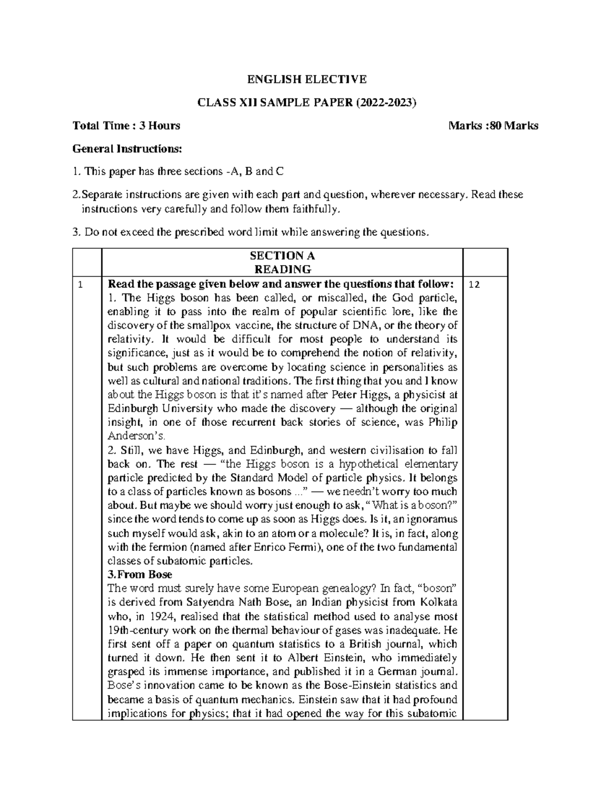 English Elective 2023 SP Edu Back - ENGLISH ELECTIVE CLASS XII SAMPLE ...