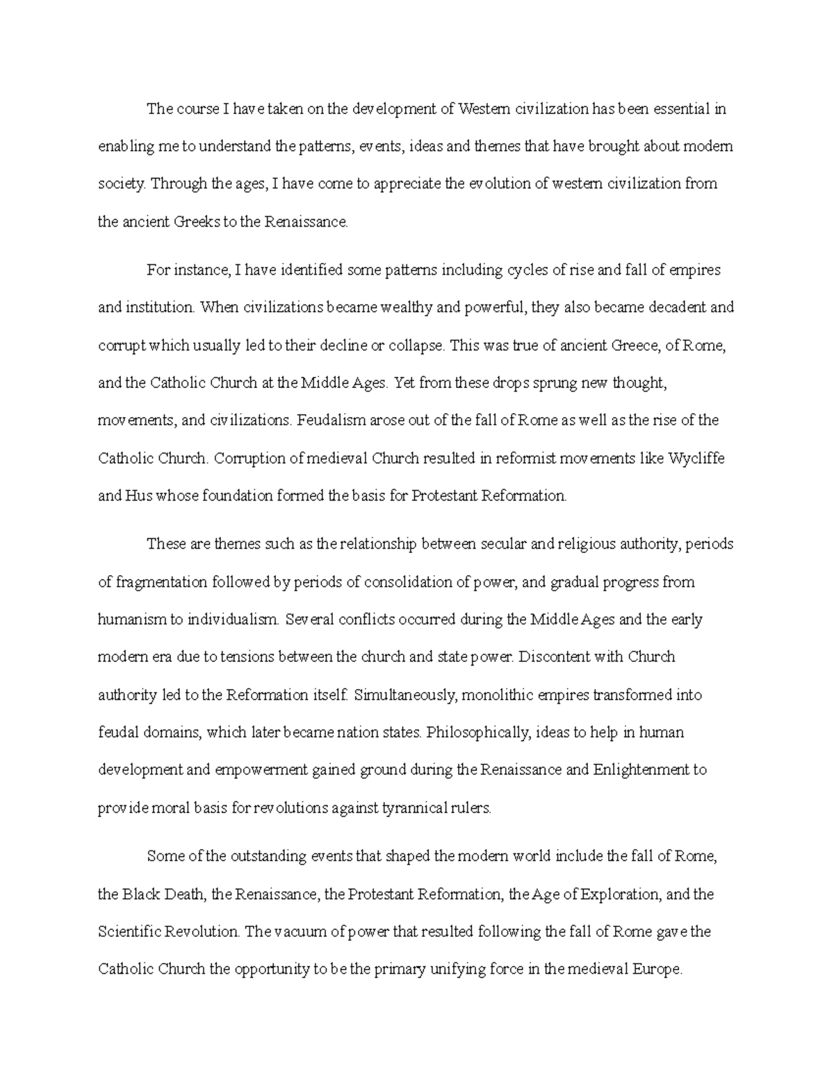 Western Civilization I Unit VIII Journal - The course I have taken on ...