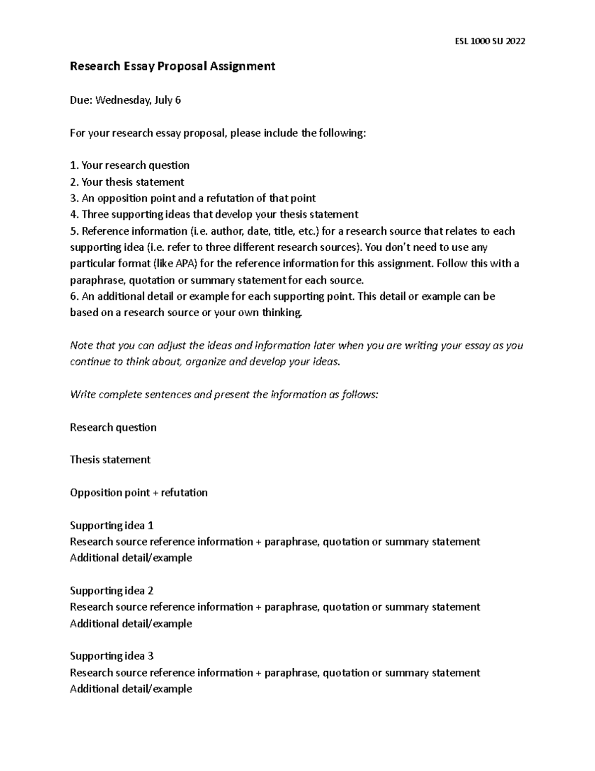 Research essay proposal assignment - ESL 1000 SU 2022 Research Essay ...