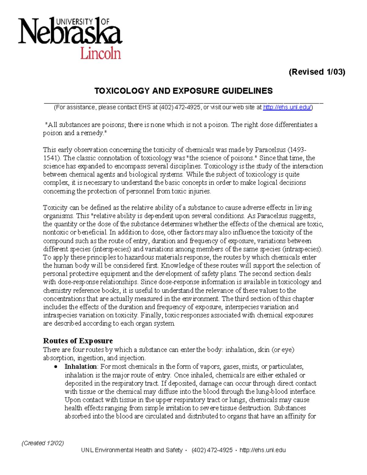 Tox exposure guidelines - (Revised 1/03) TOXICOLOGY AND EXPOSURE ...