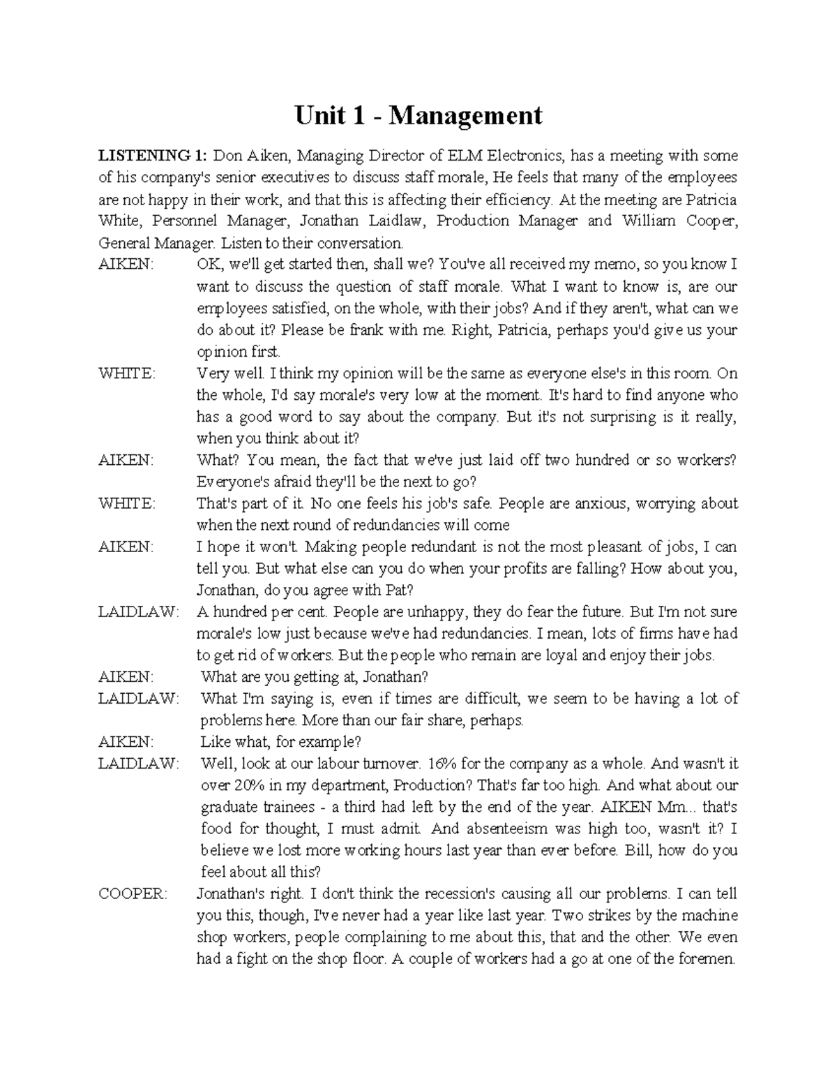 Transcript UNIT 1 LIS - Unit 1 - Management LISTENING 1: Don Aiken, Managing Director of ELM ...