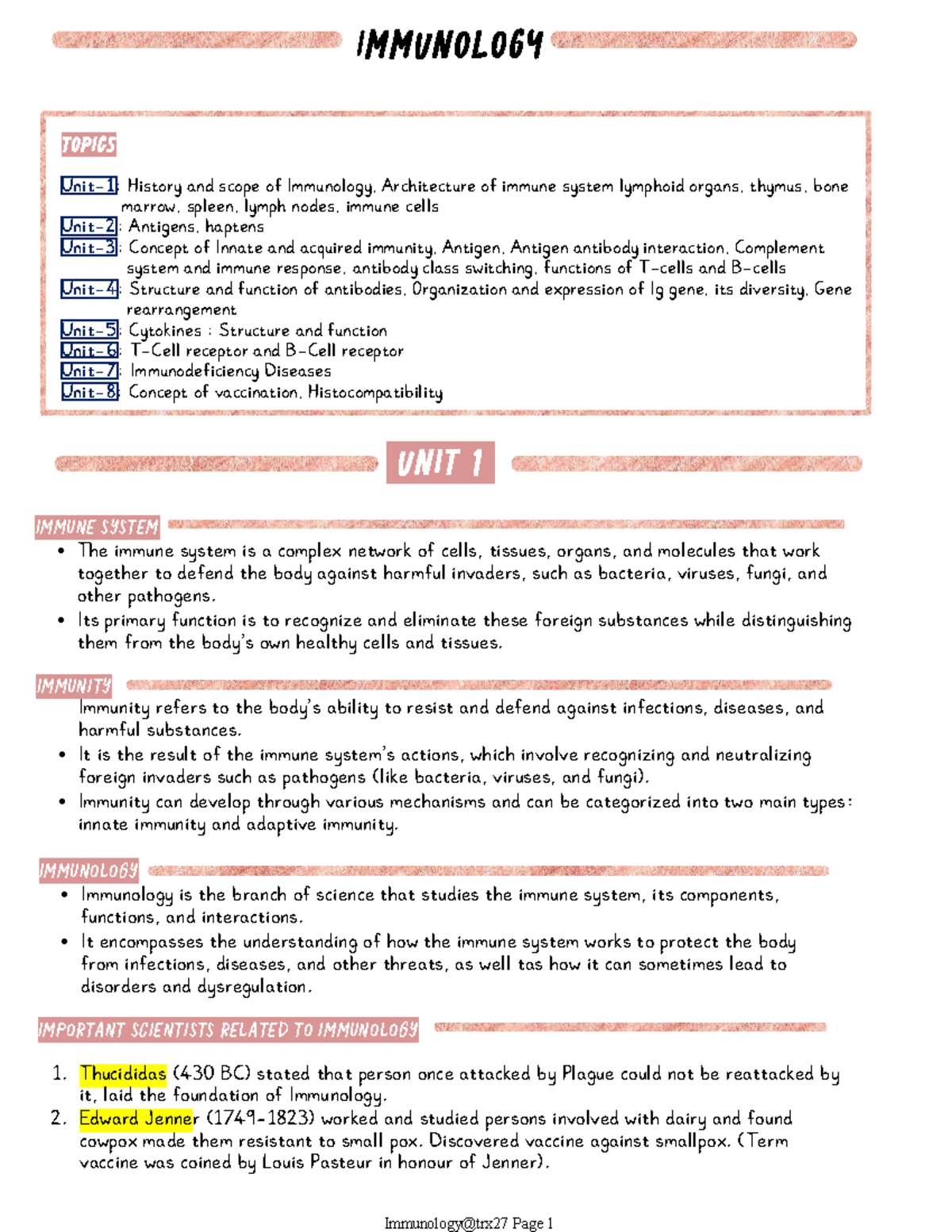 Immunology Notes - IMMUNOLOGY TOPICS Unit-1: History and scope of ...