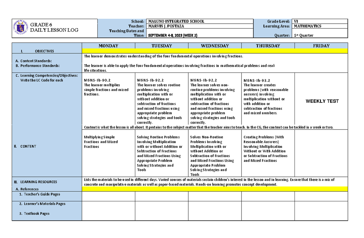 DLL Mathematics-6 Q1 W2 - GRADE 6 DAILY LESSON LOG School: MALUNO INTEGRATED SCHOOL Grade Level ...