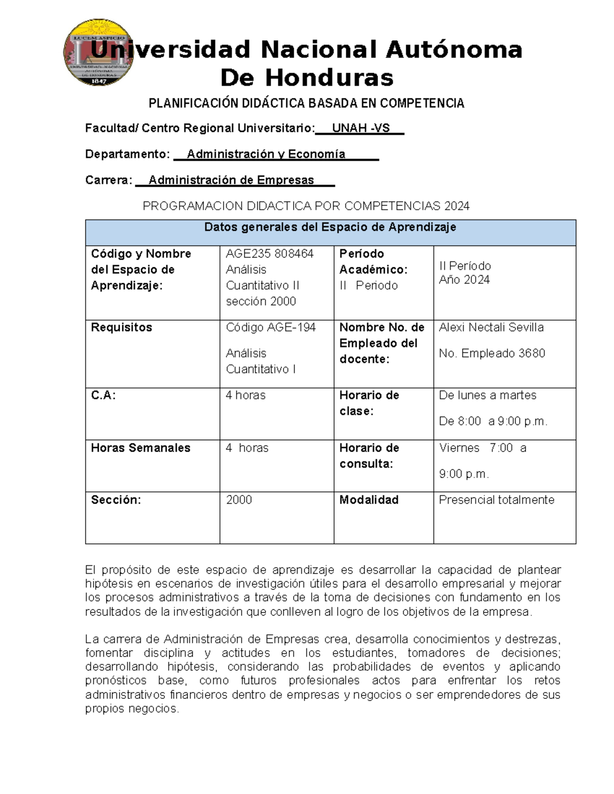 Programaci Ã³n Did Ã¡ctica base a competencias Analisis cuantitativo II 2000 periodo II 2024 3 ...
