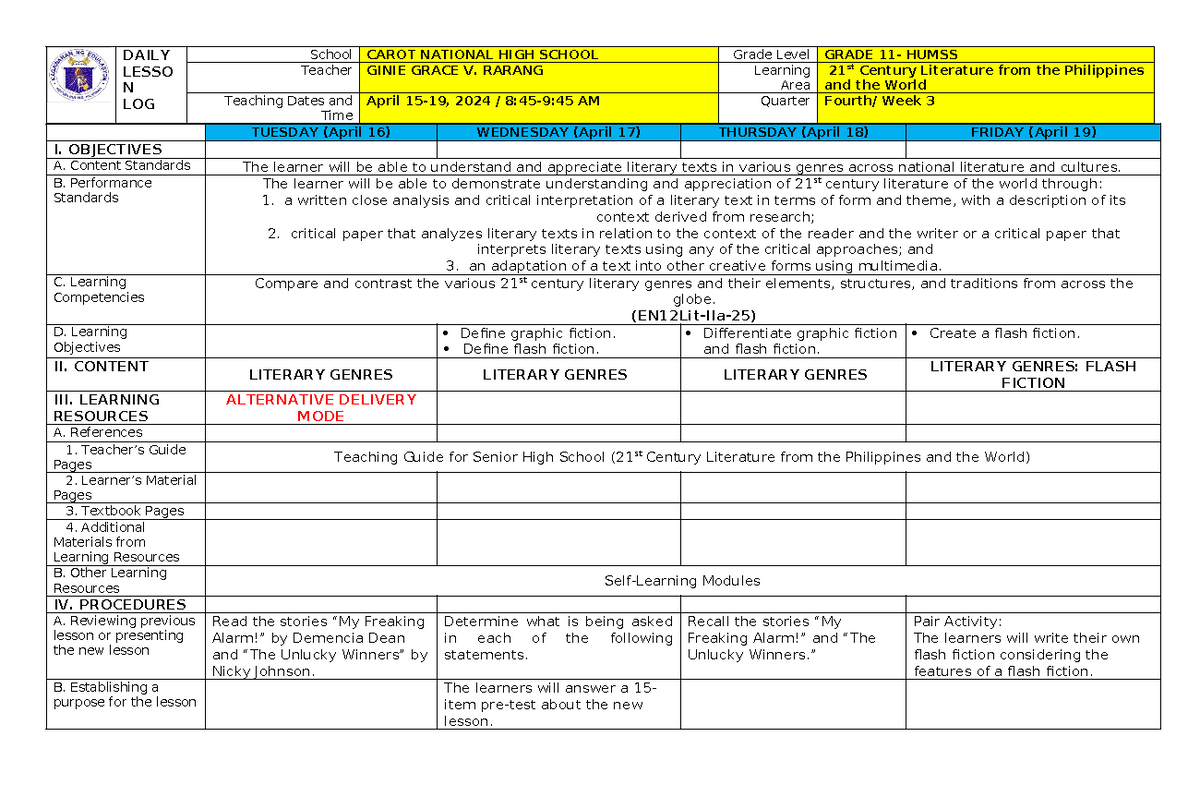 DLL 21st Century 11 Humss - DAILY LESSO N LOG School CAROT NATIONAL ...