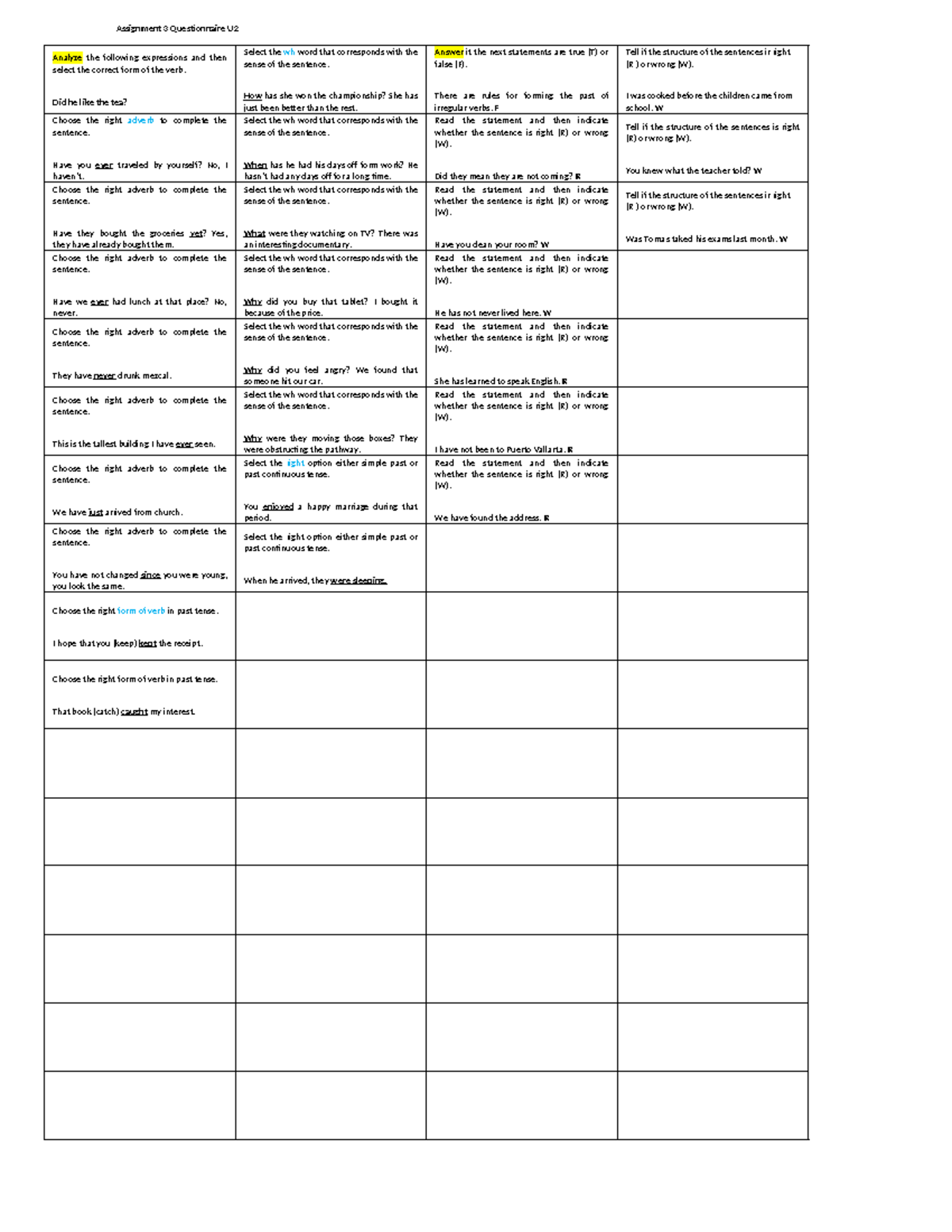 Assignment 3 Questionnaire U2 (Ingles III) - Assignment 3 Questionnaire U Analyze the following ...