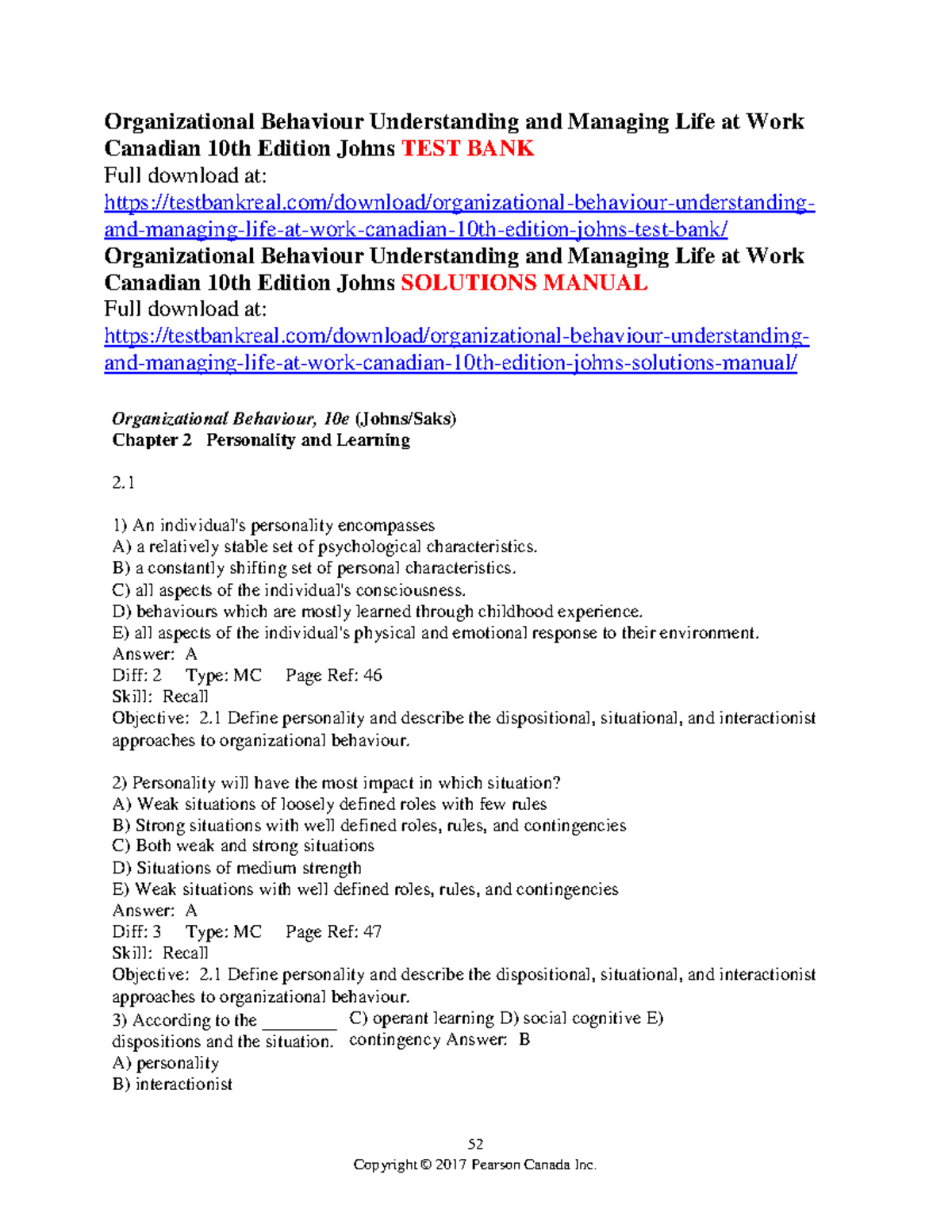 Test 6 March 2019, questions and answers - 52 Organizational Behaviour ...