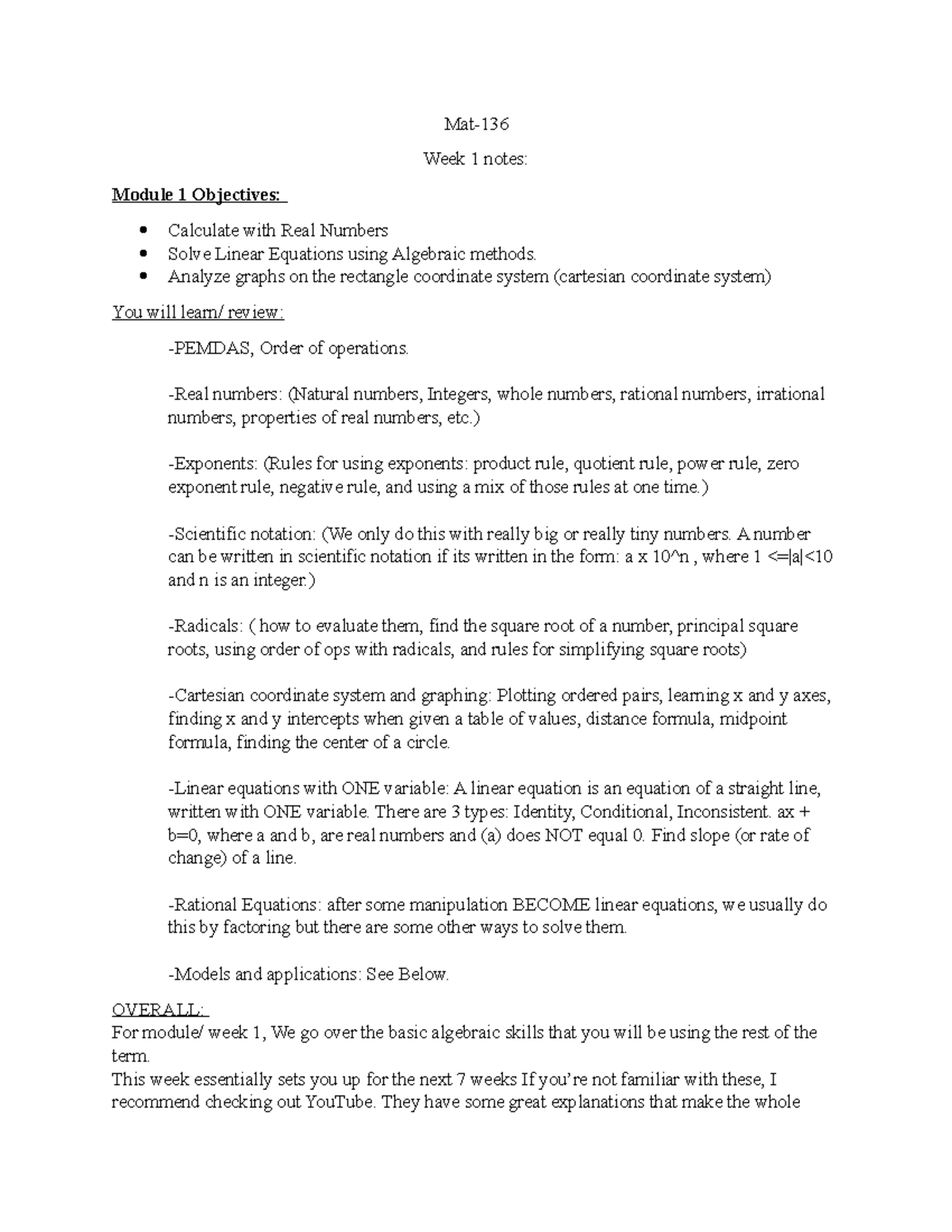 Overview of module 1 - Mat- Week 1 notes: Module 1 Objectives ...