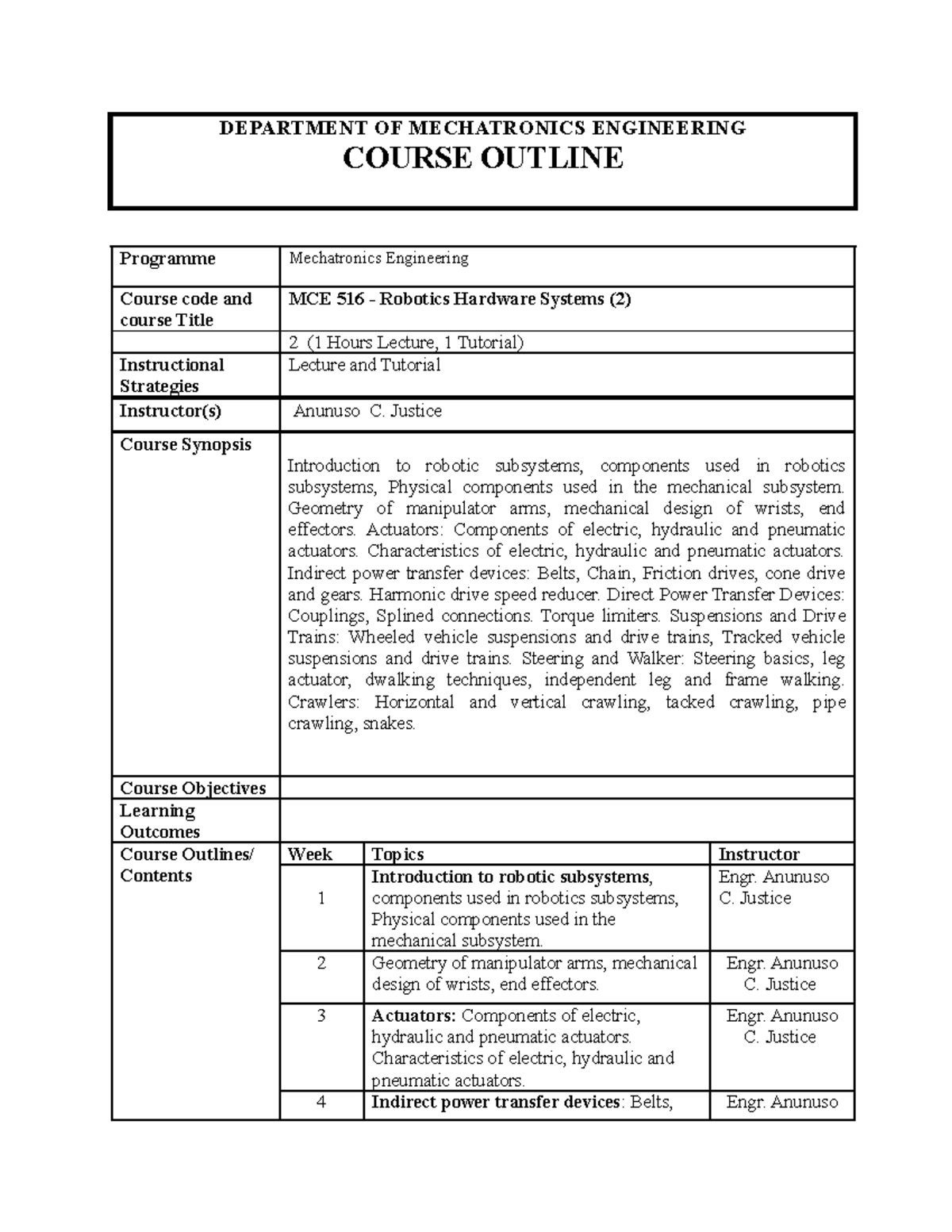 Synopsis 516 - DEPARTMENT OF MECHATRONICS ENGINEERING COURSE OUTLINE ...