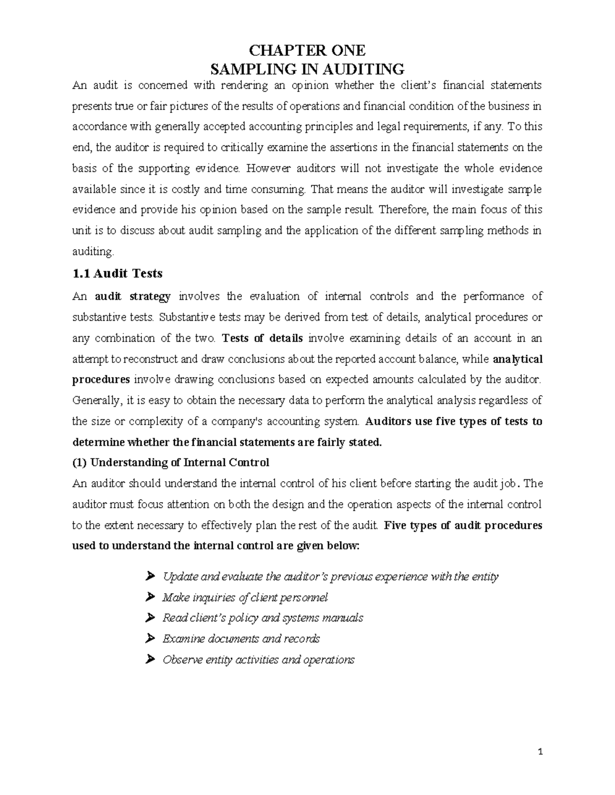 Sampling IN Auditing - CHAPTER ONE SAMPLING IN AUDITING An audit is ...