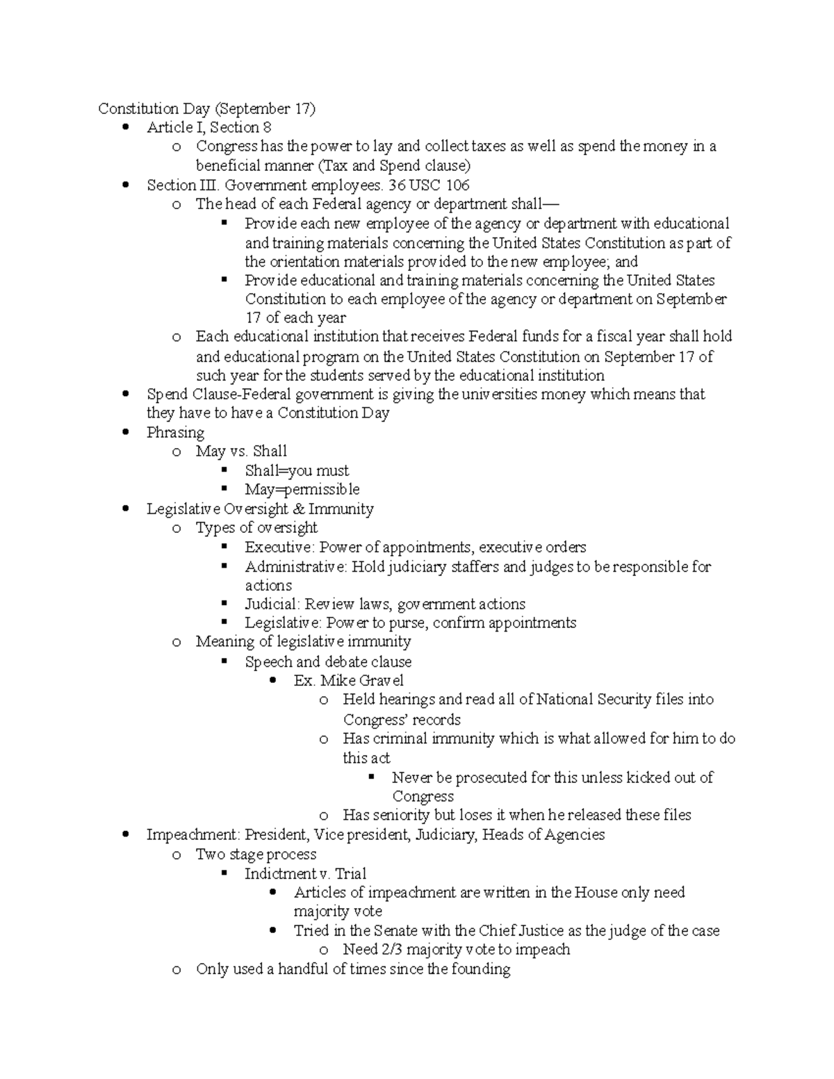 09/18/2018 Class Notes - Constitution Day (September 17) Article I ...