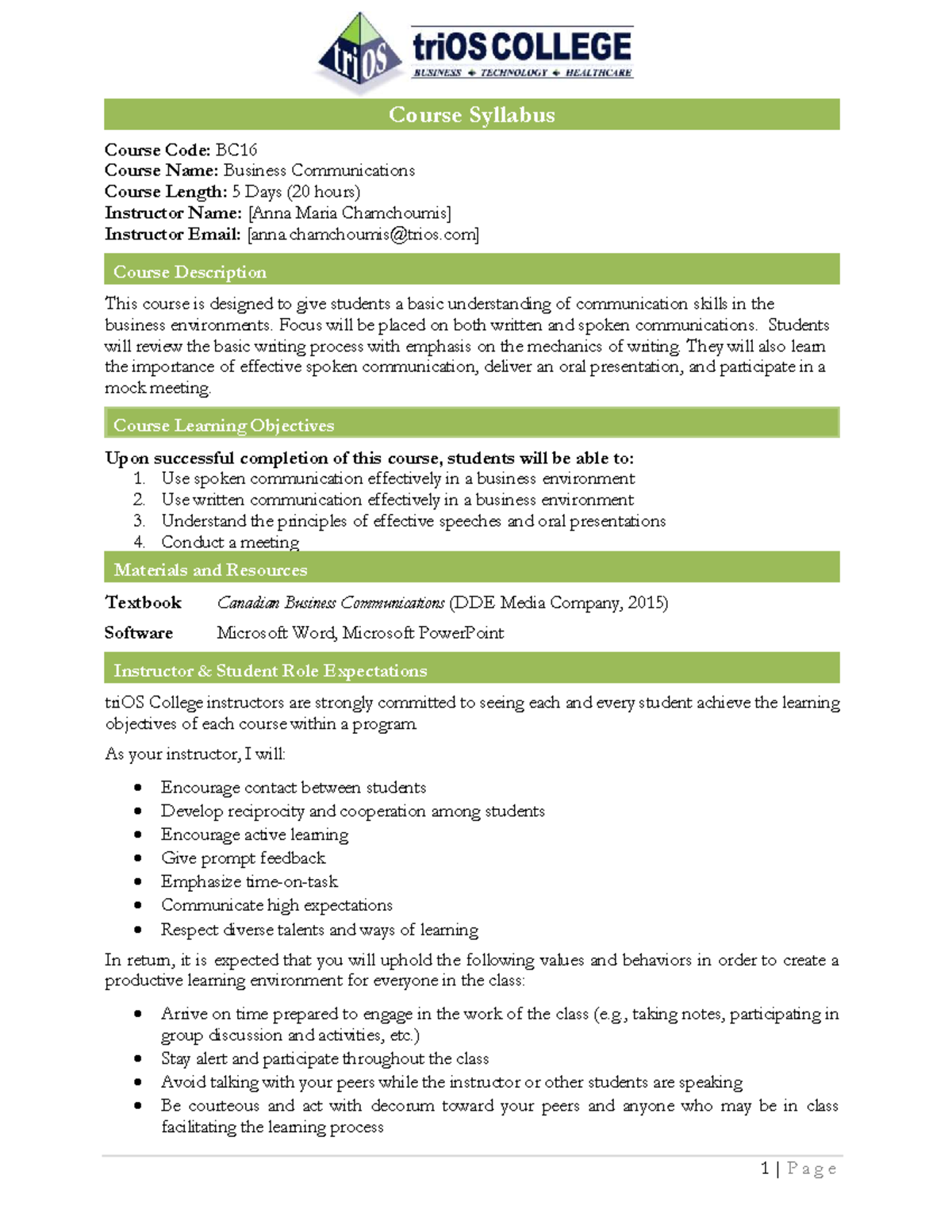 Trios College Business Communication BC16 Course Outline - Course ...