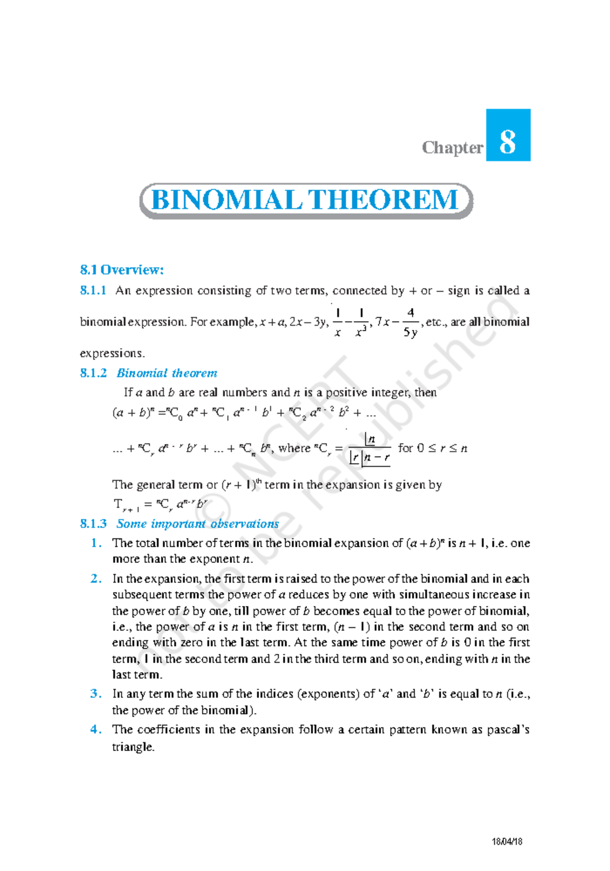 Binomial Theorem - 8 Overview: 8.1 An expression consisting of two ...