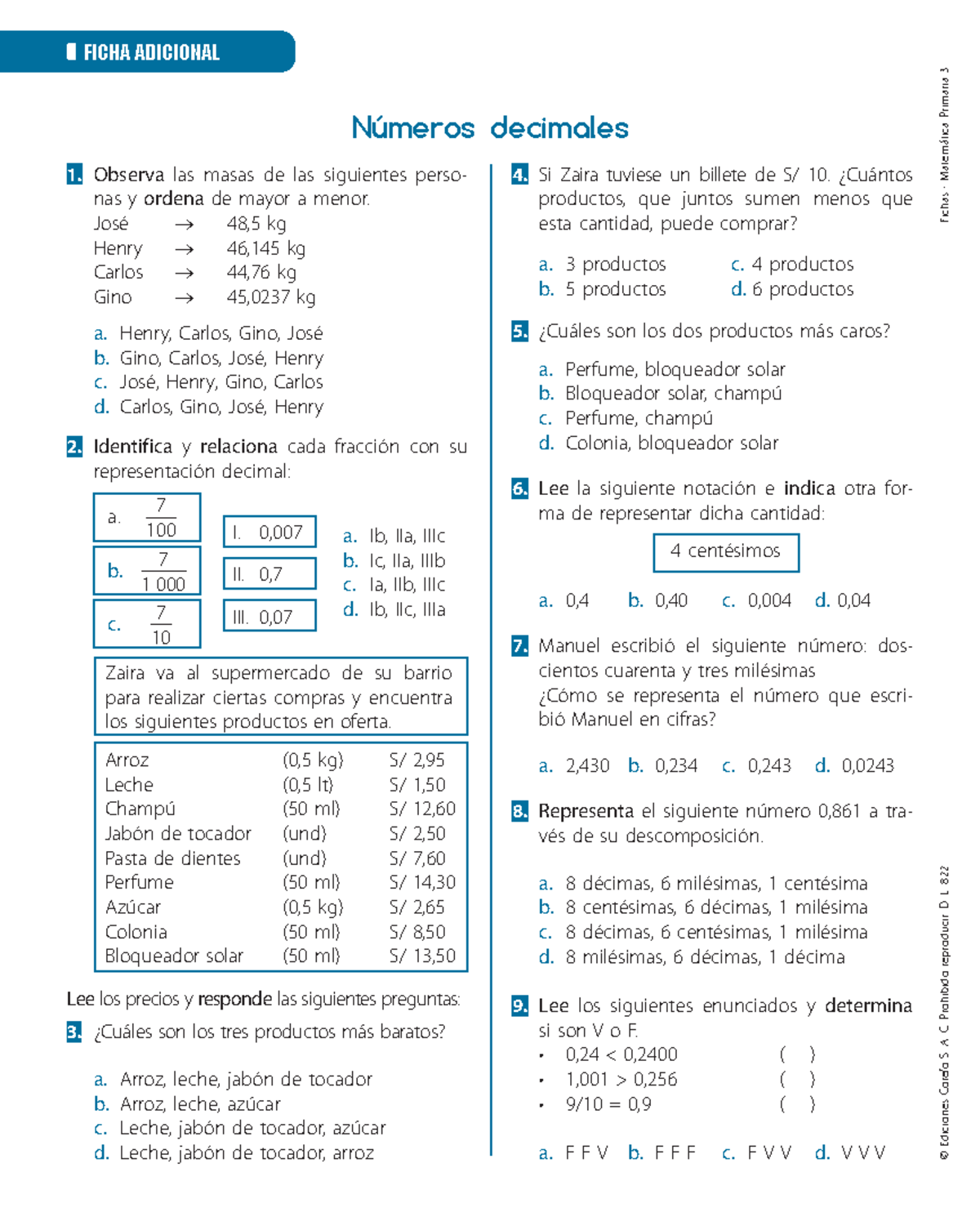 Números decimales - Fichas - Matemática Primaria 3 © Ediciones Corefo S. A. C. Prohibido ...