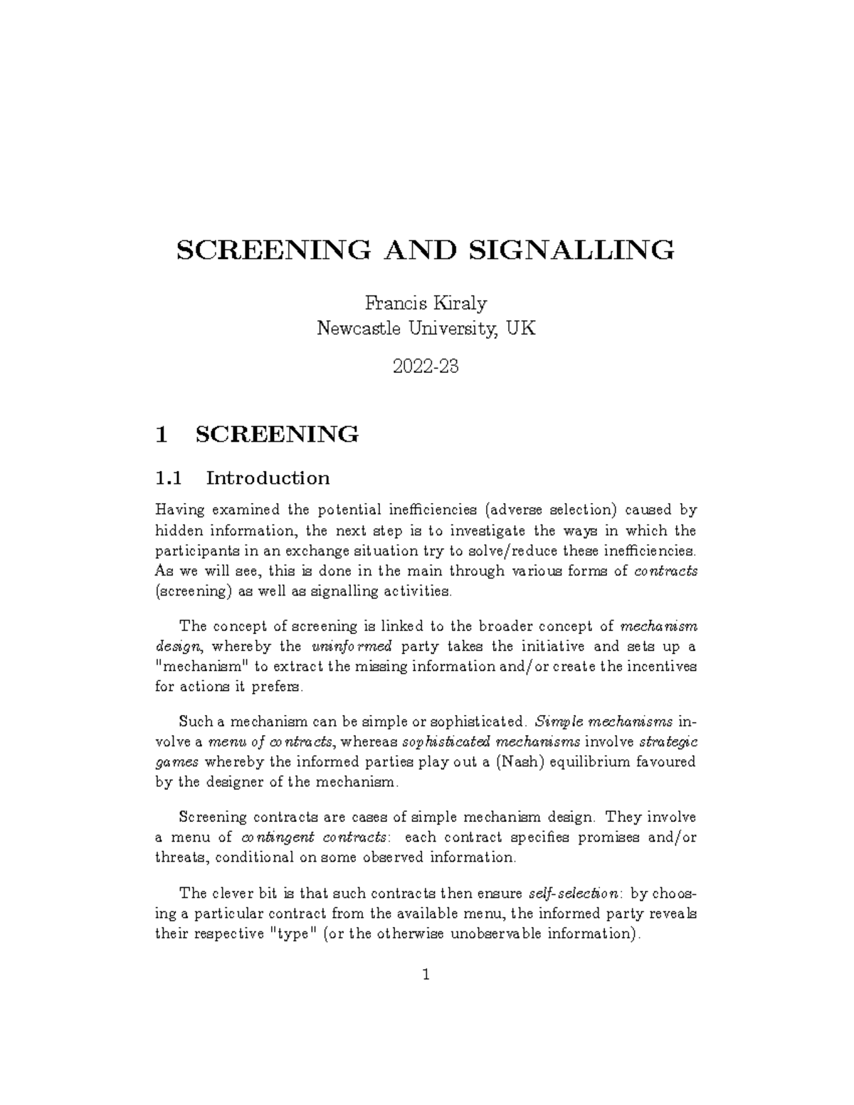 Screening and Signalling Notes - SCREENING AND SIGNALLING Francis ...
