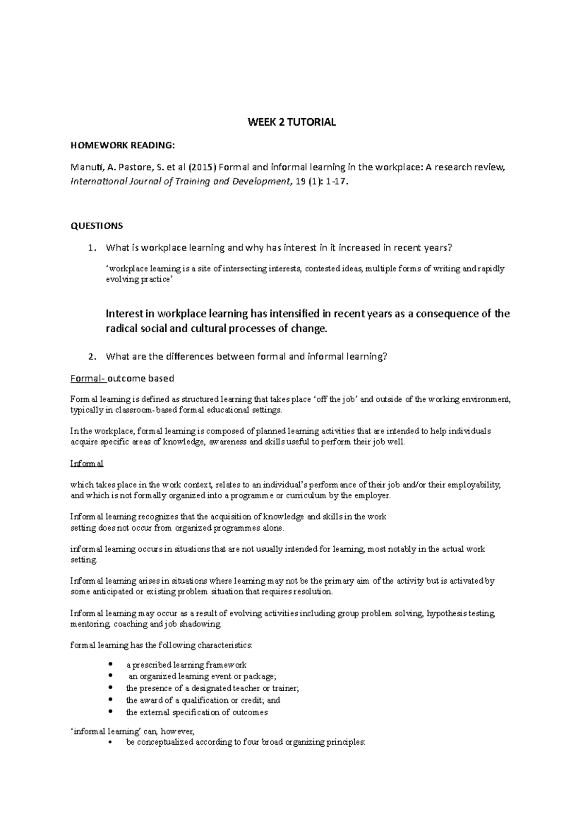 WEEK 3 Tutorial Homework Questions - WEEK 2 TUTORIAL HOMEWORK READING: Manuti, A. Pastore, S. et ...