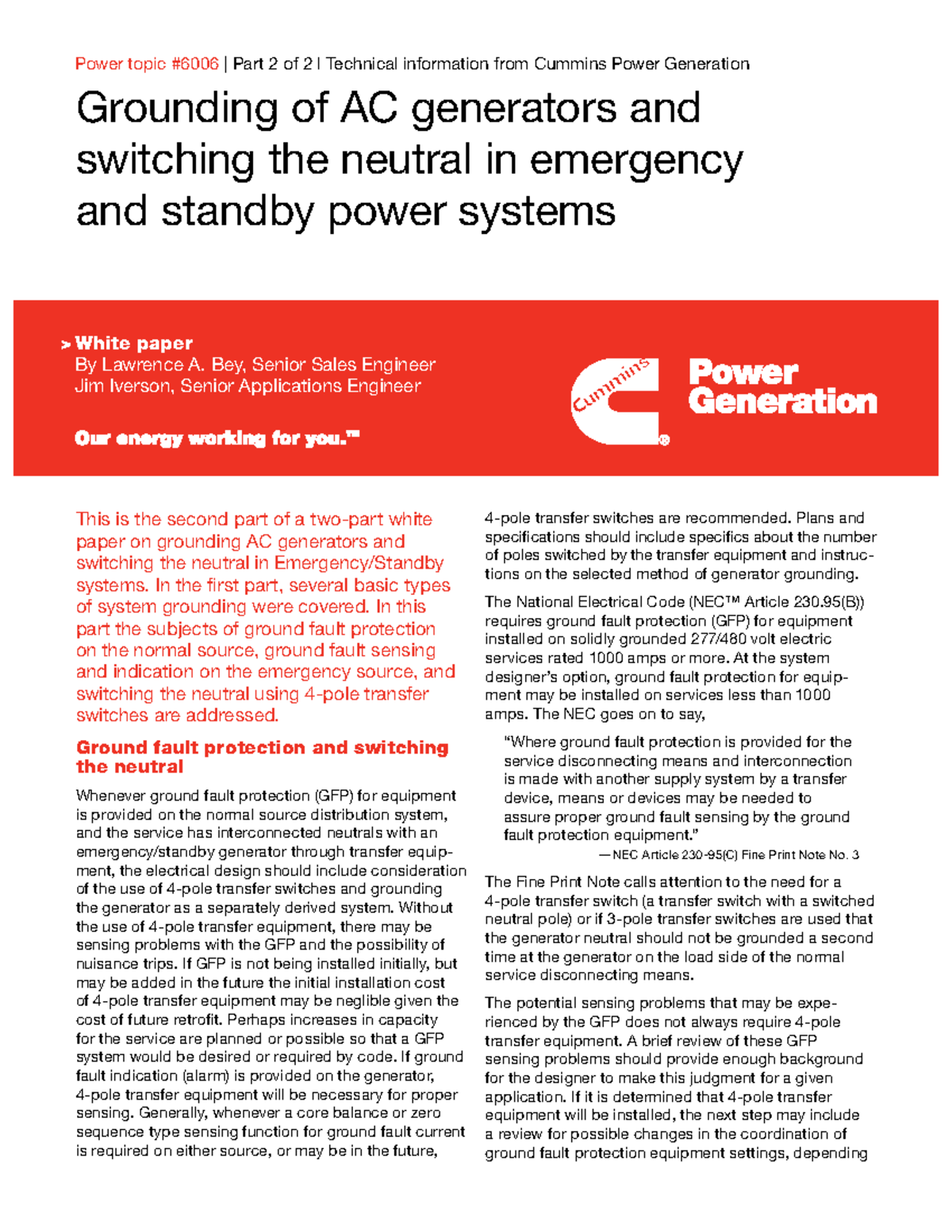 PT 6006 Grounding AC 2 en 1 - Grounding of AC generators and switching the neutral in emergency ...
