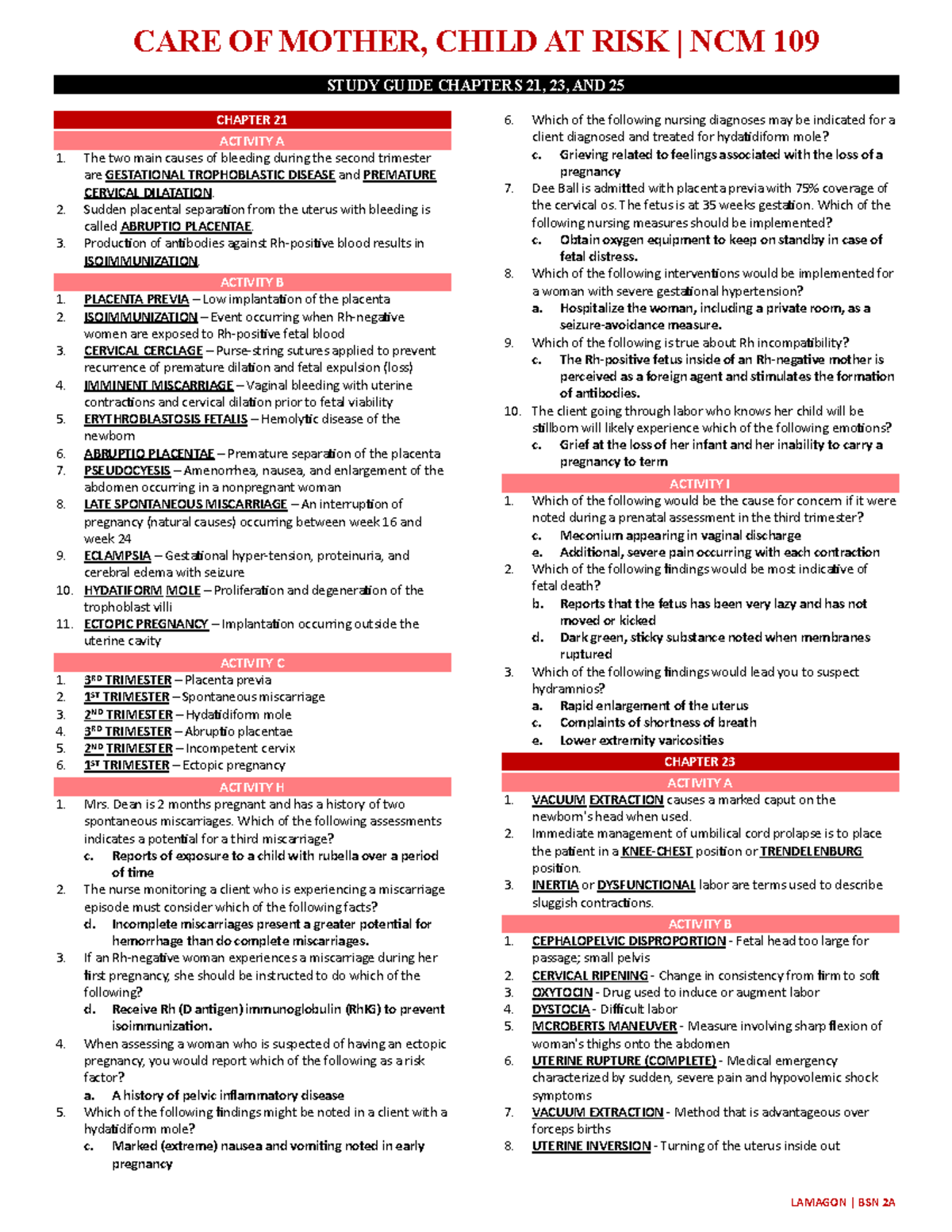 Chapters-21-23-25- Study- Guide - CARE OF MOTHER, CHILD AT RISK | NCM ...