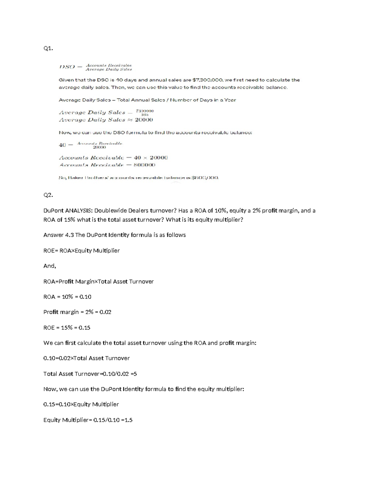 Answer of assignment - Q1. Q2. DuPont ANALYSIS: Doublewide Dealers turnover? Has a ROA of 10% ...
