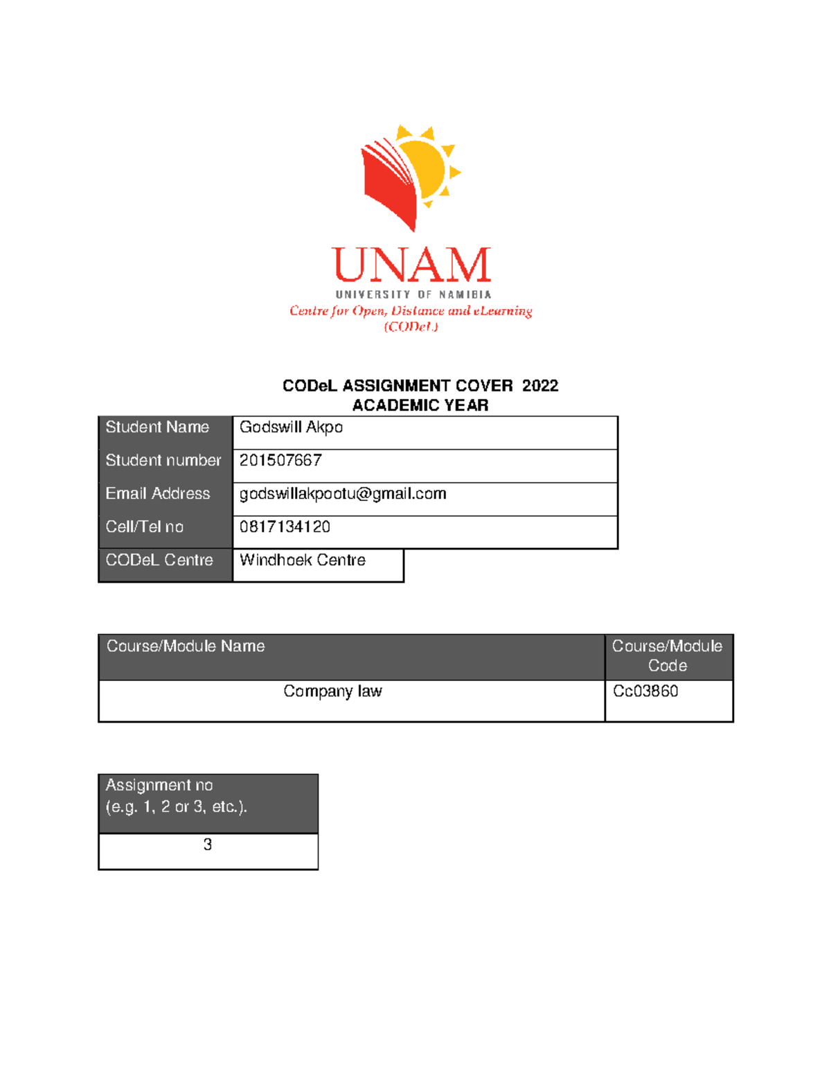 Company law - CODeL ASSIGNMENT COVER 2022 ACADEMIC YEAR Student Name ...