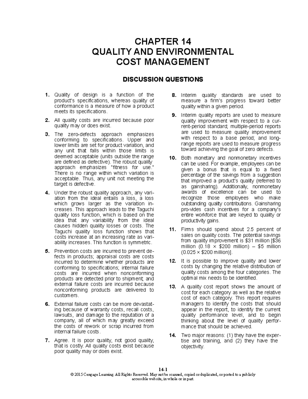 Ch 14 quality and environmental cost management - CHAPTER 14 QUALITY AND ENVIRONMENTAL COST ...