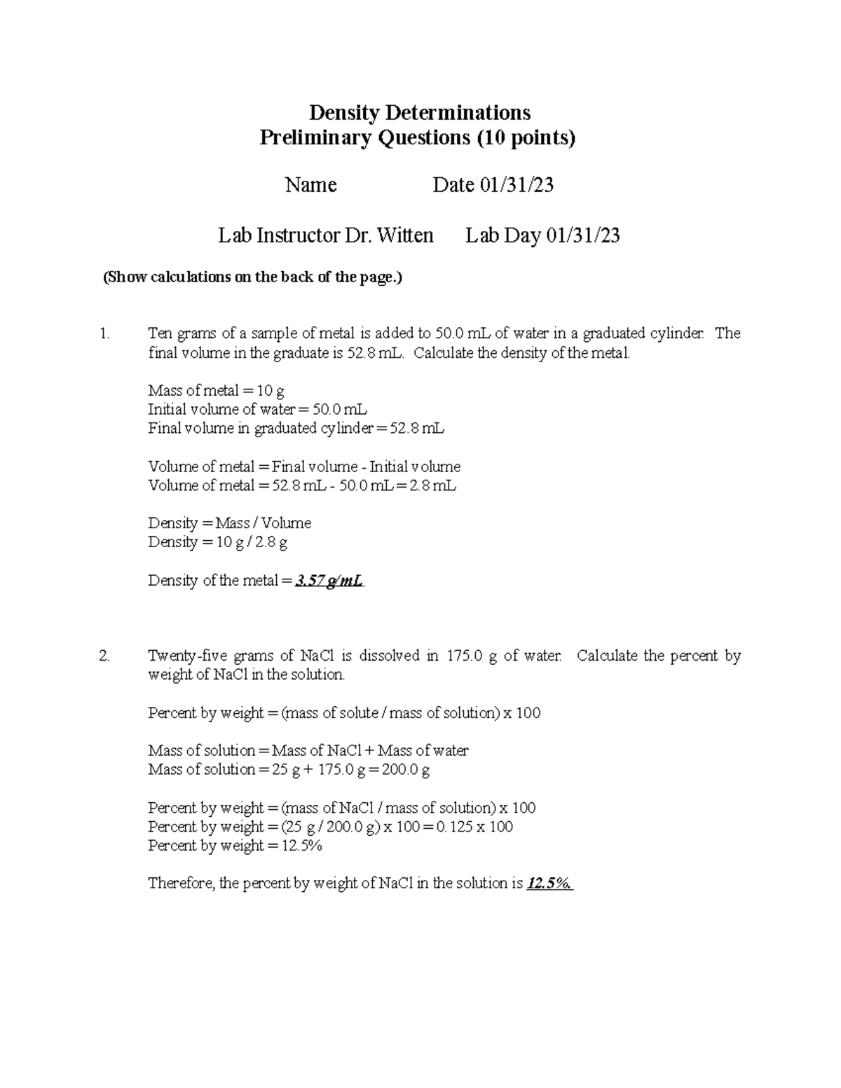 Density determinations pre lab questions copy - Density Determinations ...